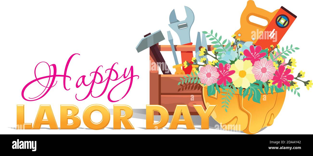 Happy Labor day greeting card. Working tools, inverted work helmet with ...