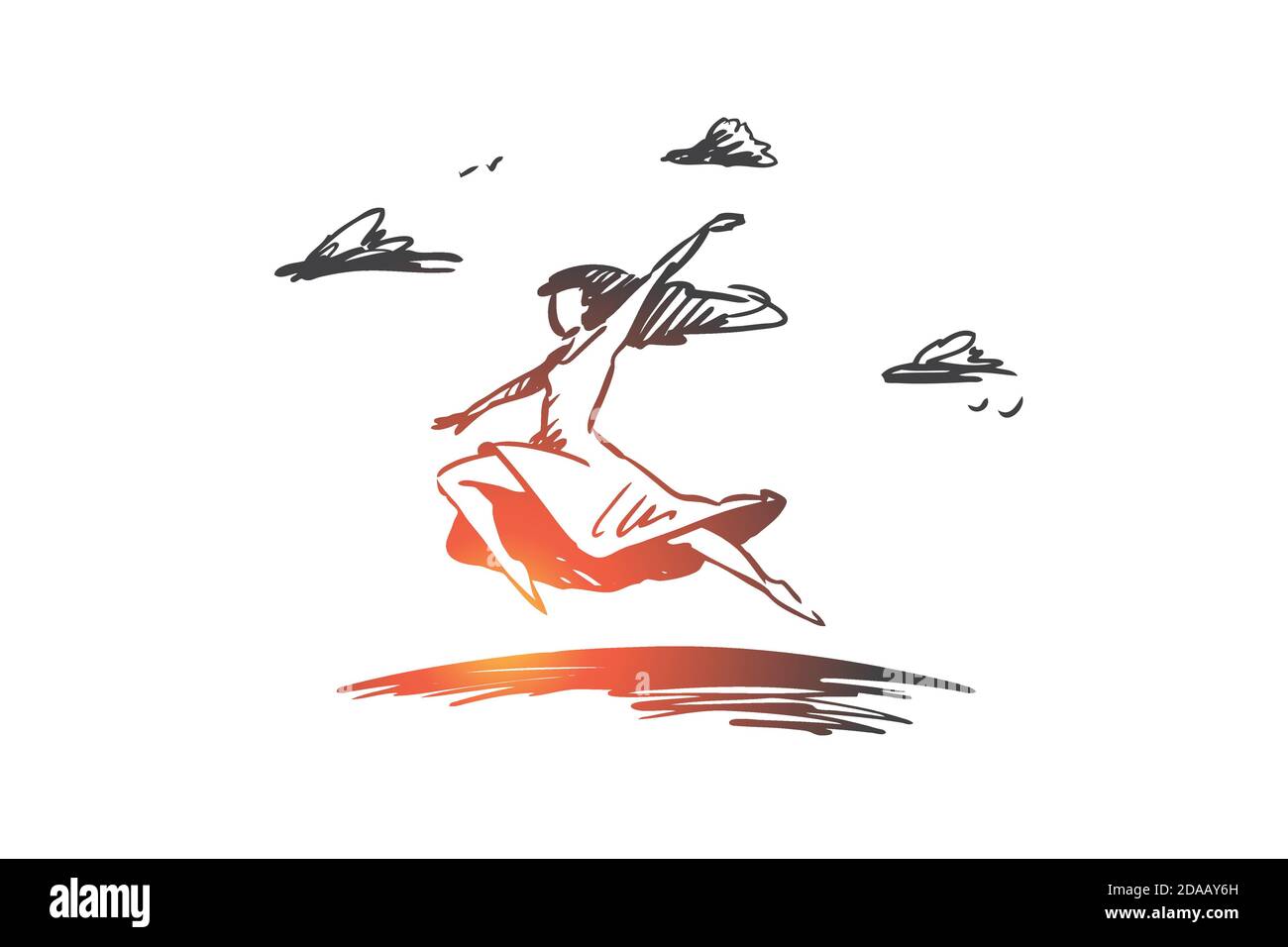 Freedom, happiness, woman, fly, love concept. Hand drawn isolated ...