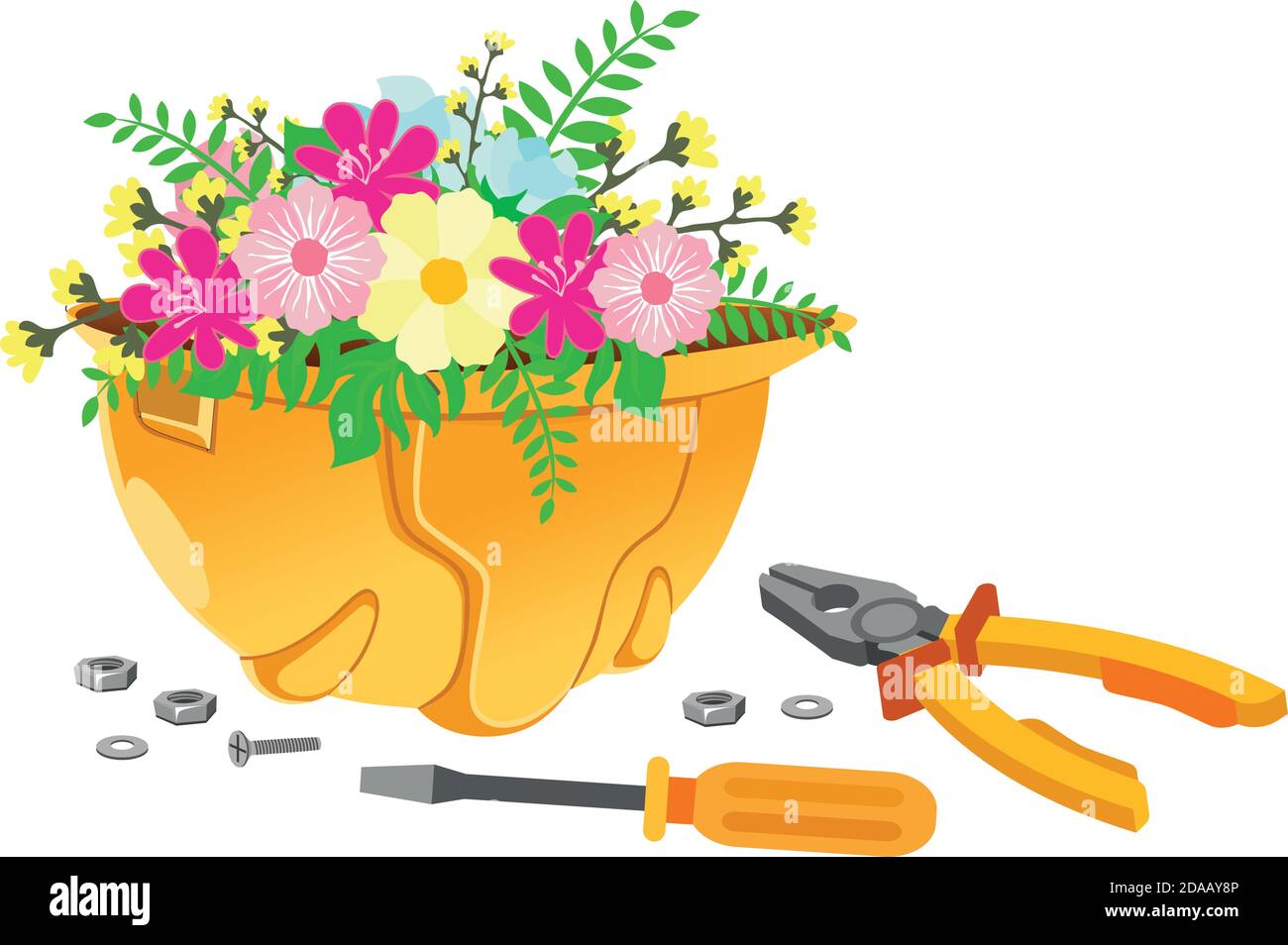 Happy Labor day greeting card. Working tools, inverted work helmet with ...