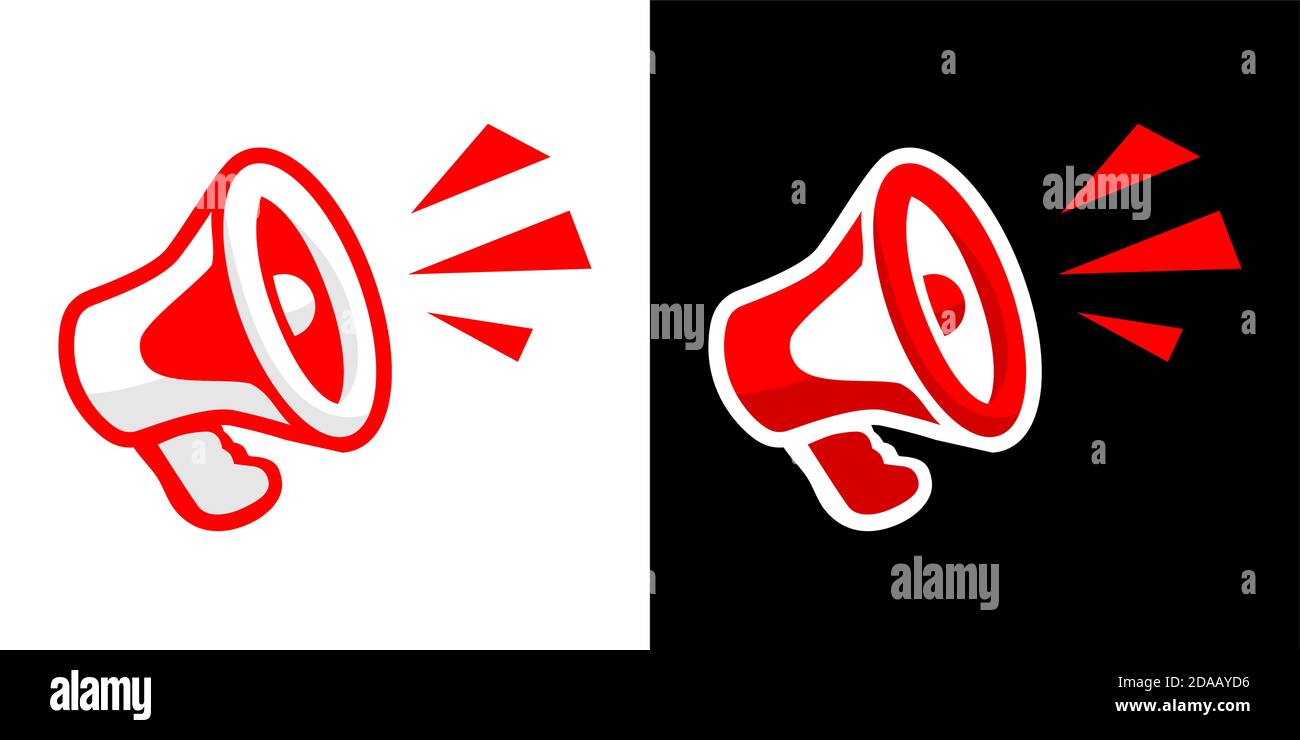 Red and white megaphone flat icon on white and black background ...