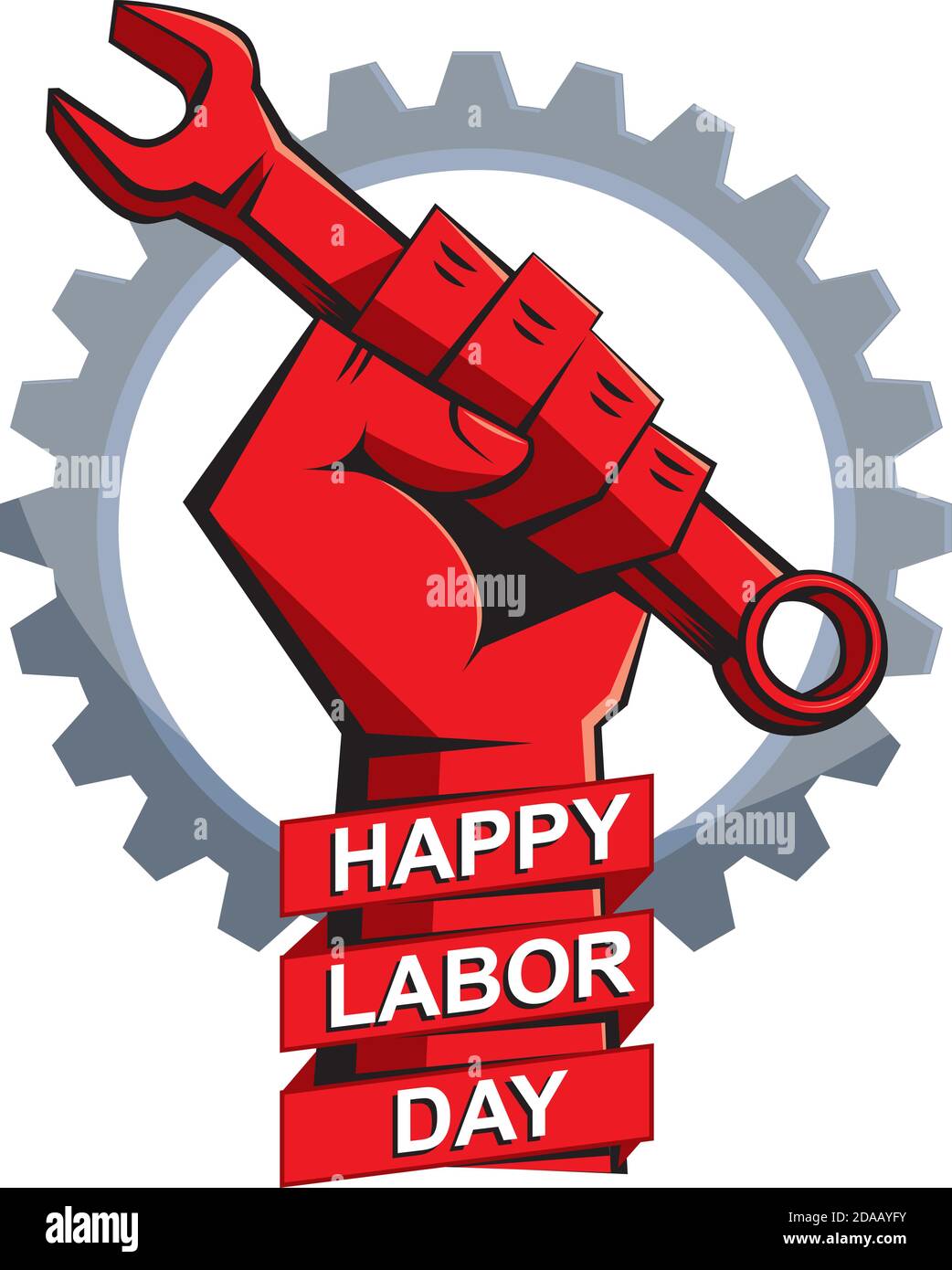 Happy labor day poster. A clenched fist with wrench on the background ...