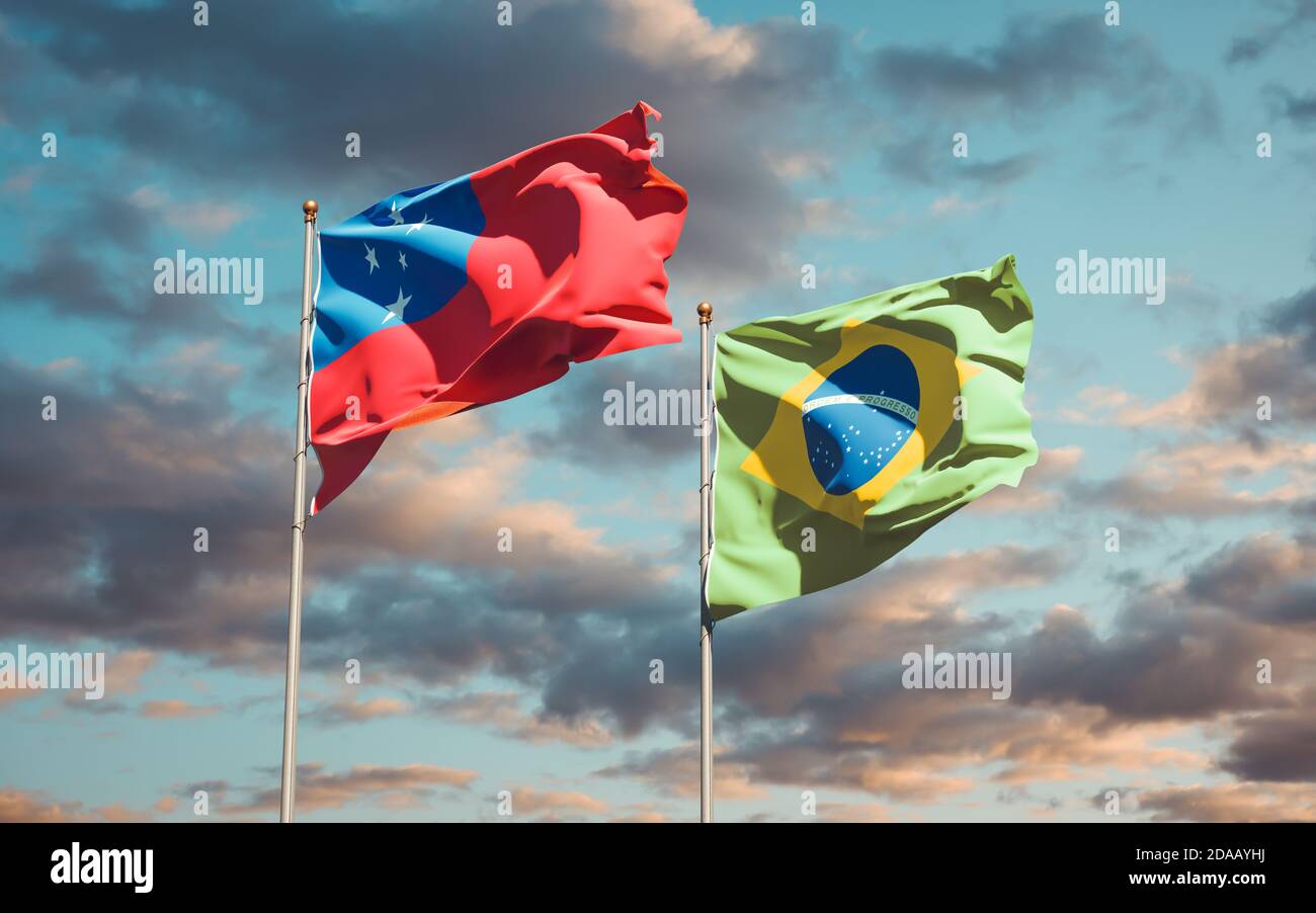 Beautiful national state flags of Samoa and Brasil together at the sky ...