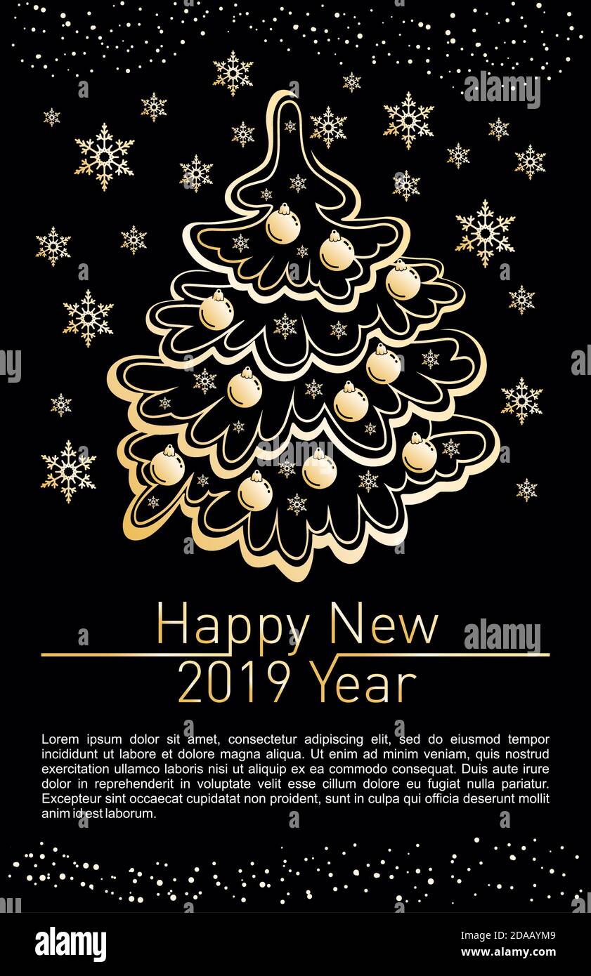 New Year greeting card design with stylized Christmas tree, snowflakes ...