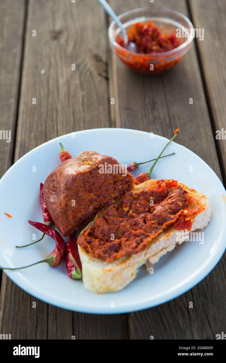 spicy salami called nduja typical of the cuisine of the Calabria region ...