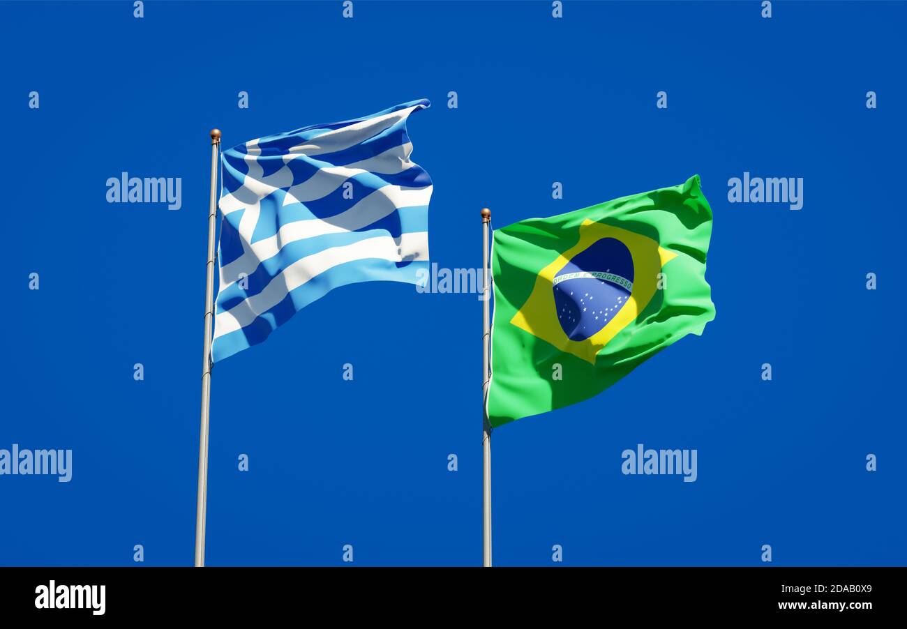 Beautiful national state flags of Greece and Brasil together at the sky ...