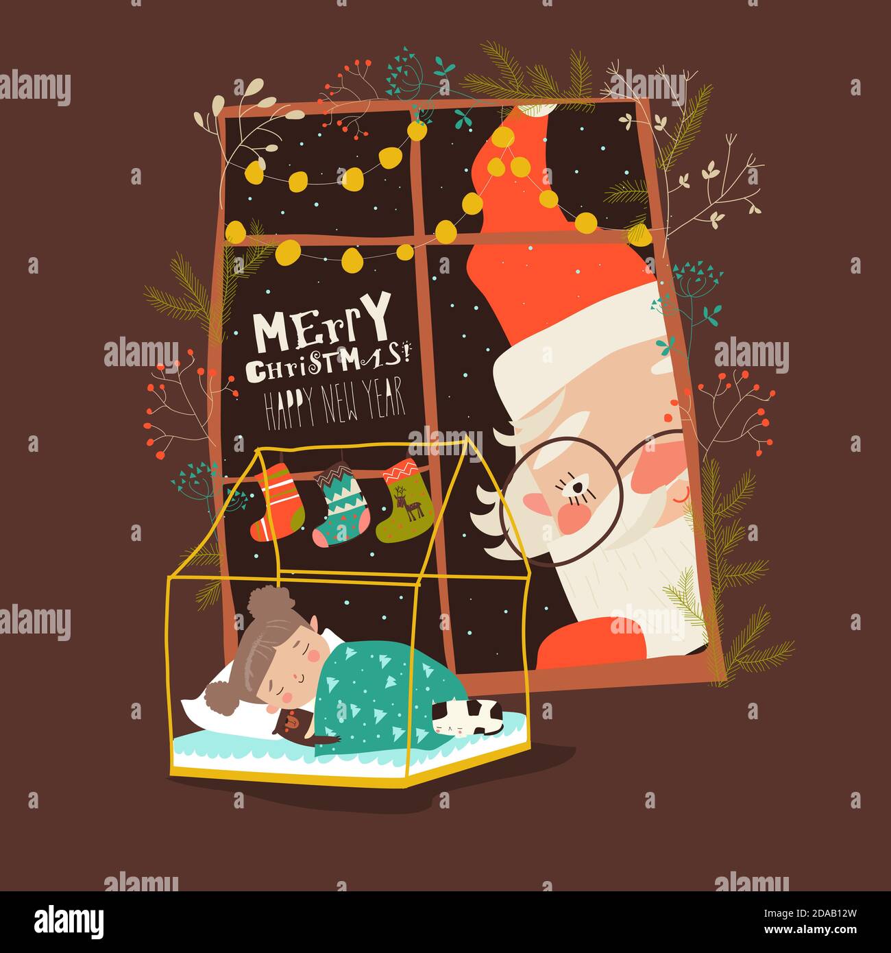 Cartoon Santa Claus look through the window on sleeping girl Stock ...