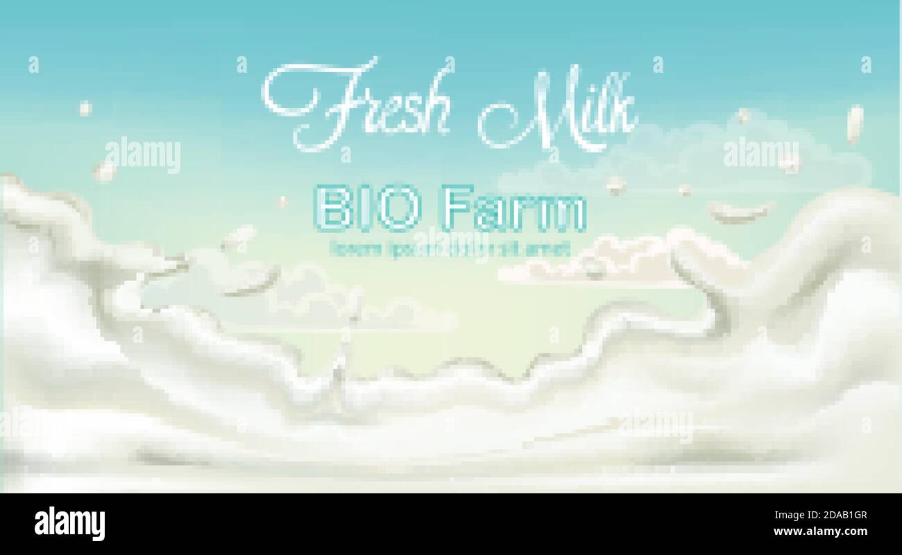 Splashing fresh milk from bio fam with blue sky in background. Place ...
