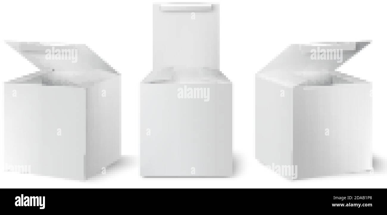 Set of three white boxes with opened lids positioned at different ...