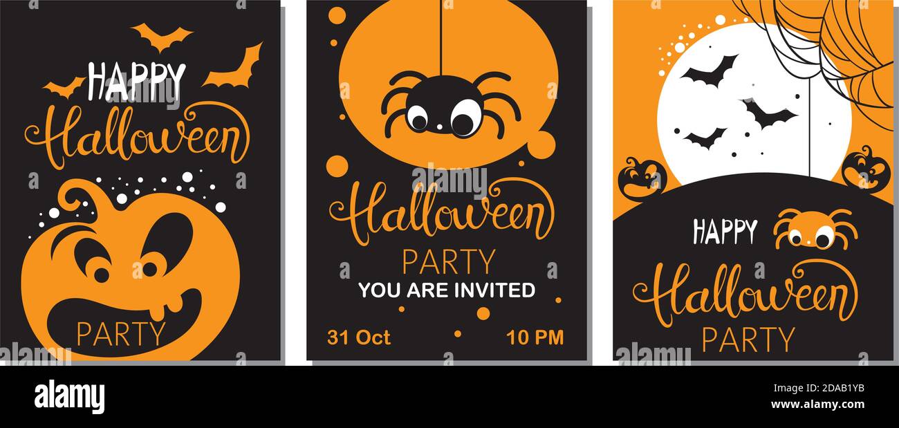 Set of halloween cards with carved pumpkins, spiders and bats. Party ...