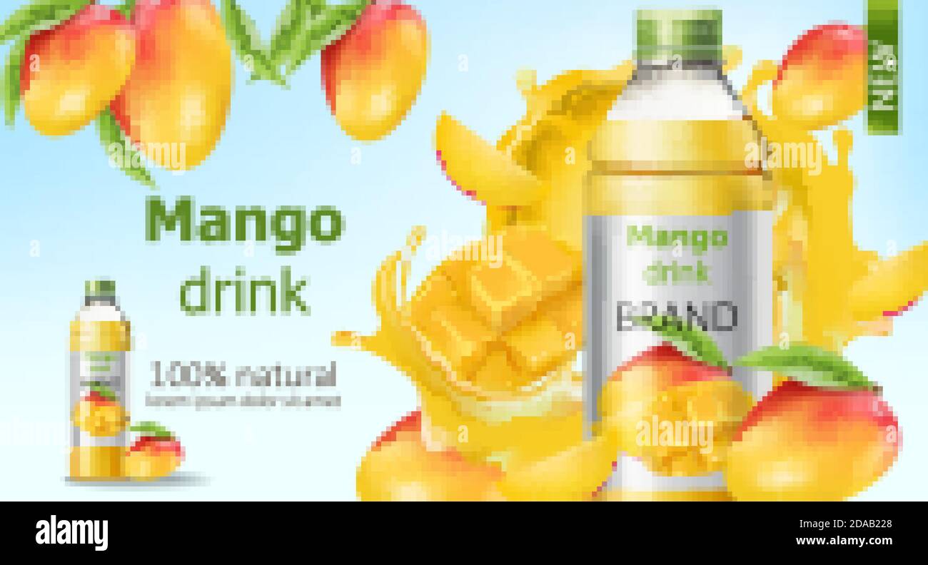 Bottle of natural mango drink surrounded by sliced and whole fruits and ...