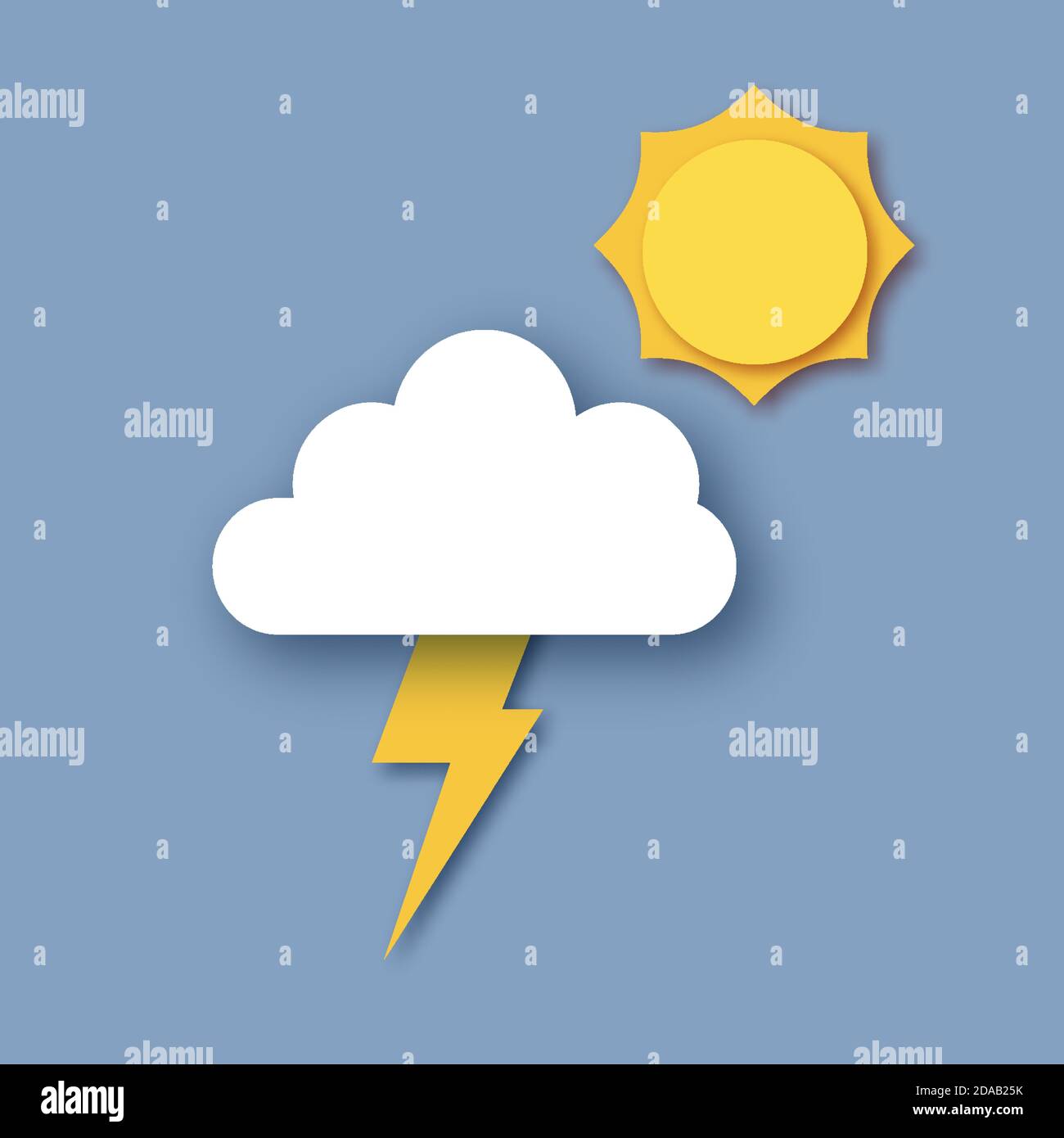 Sun with Rain Clouds and Lightening Bolt. Paper cut weather. Storm time ...