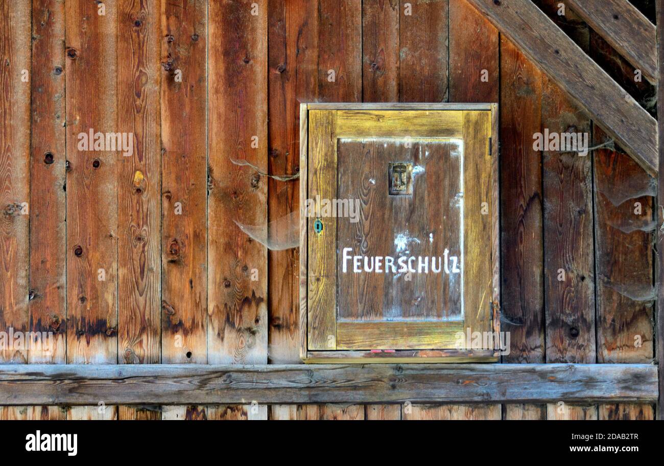 old wooden casing with the inscription "Fireprotection" in a wooden ...