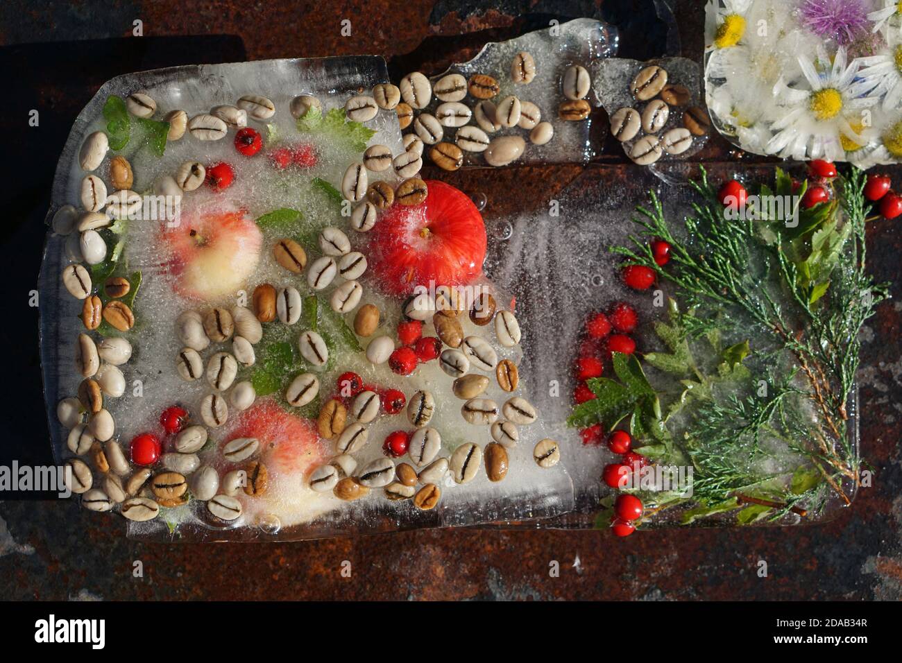 Background fresh season red apple, green coffee beans, red berry ...