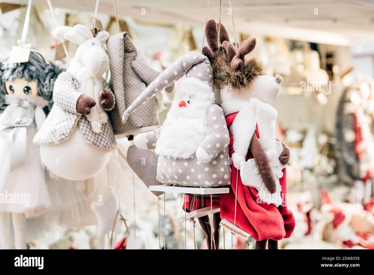 Closeup of small Christmas stuffed Santa and reindeers Stock Photo - Alamy