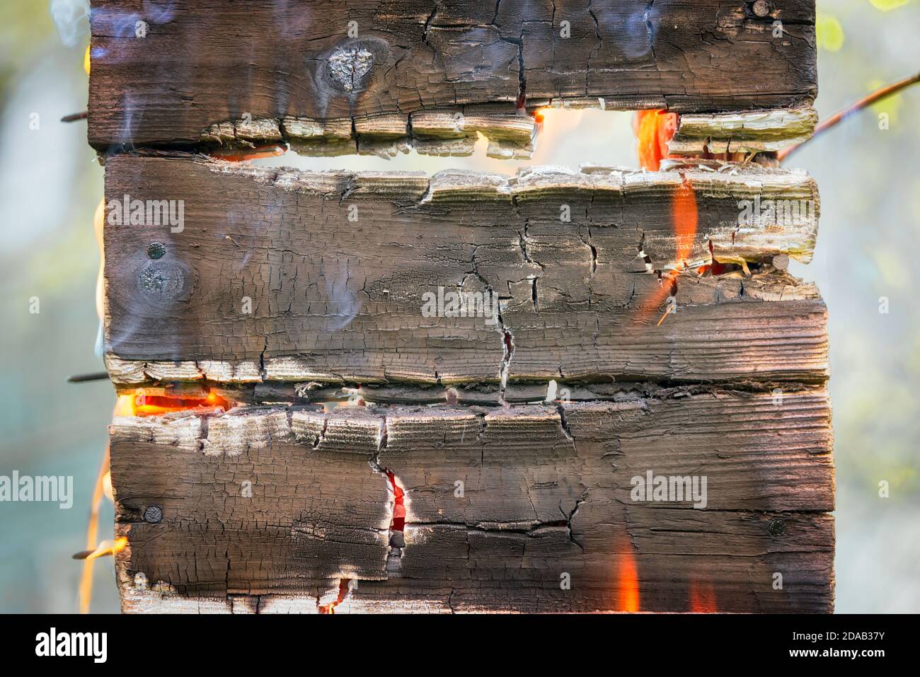 Burning wood billboard close up with copy space. Add your text on it ...