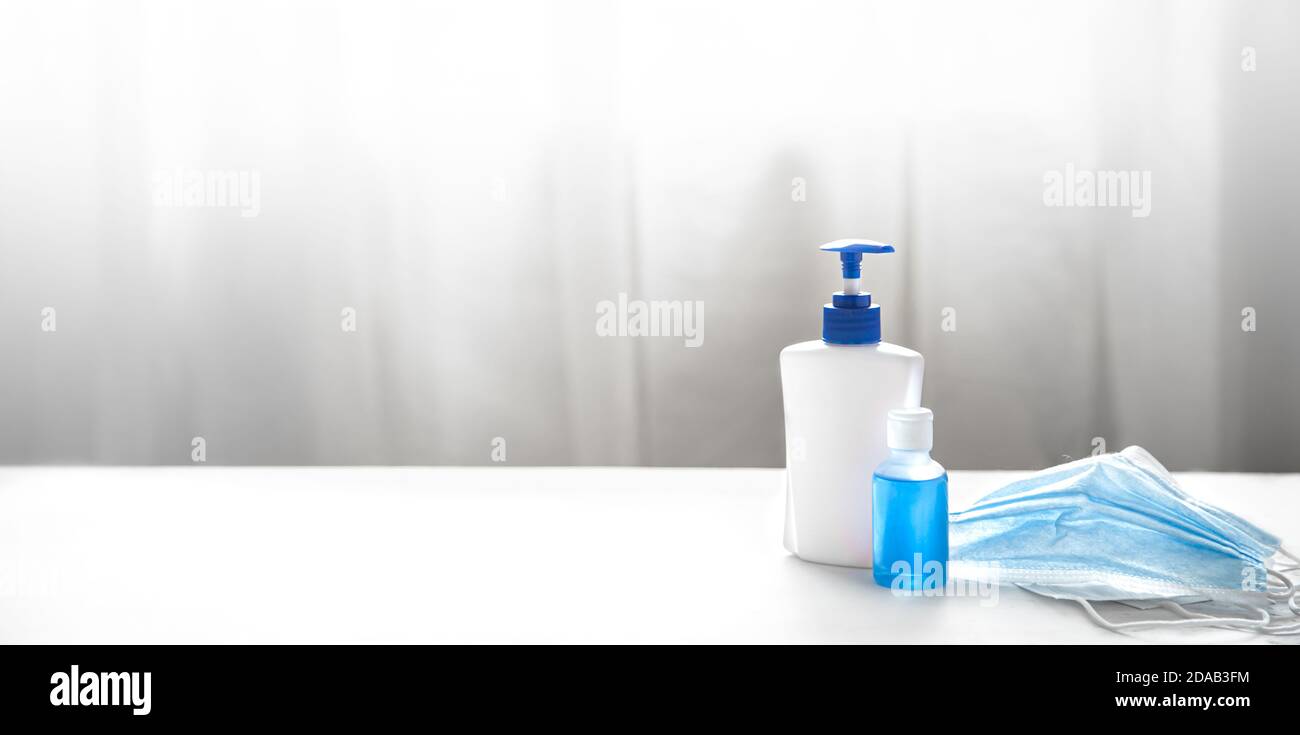 Antivirus set of items: various filtering safety face masks, sanitizer ...