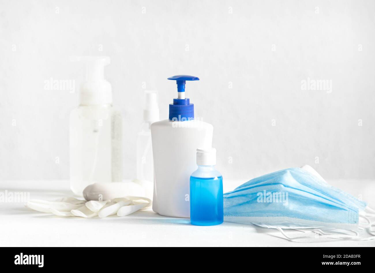 Antivirus set of items: various filtering safety face masks, sanitizer ...