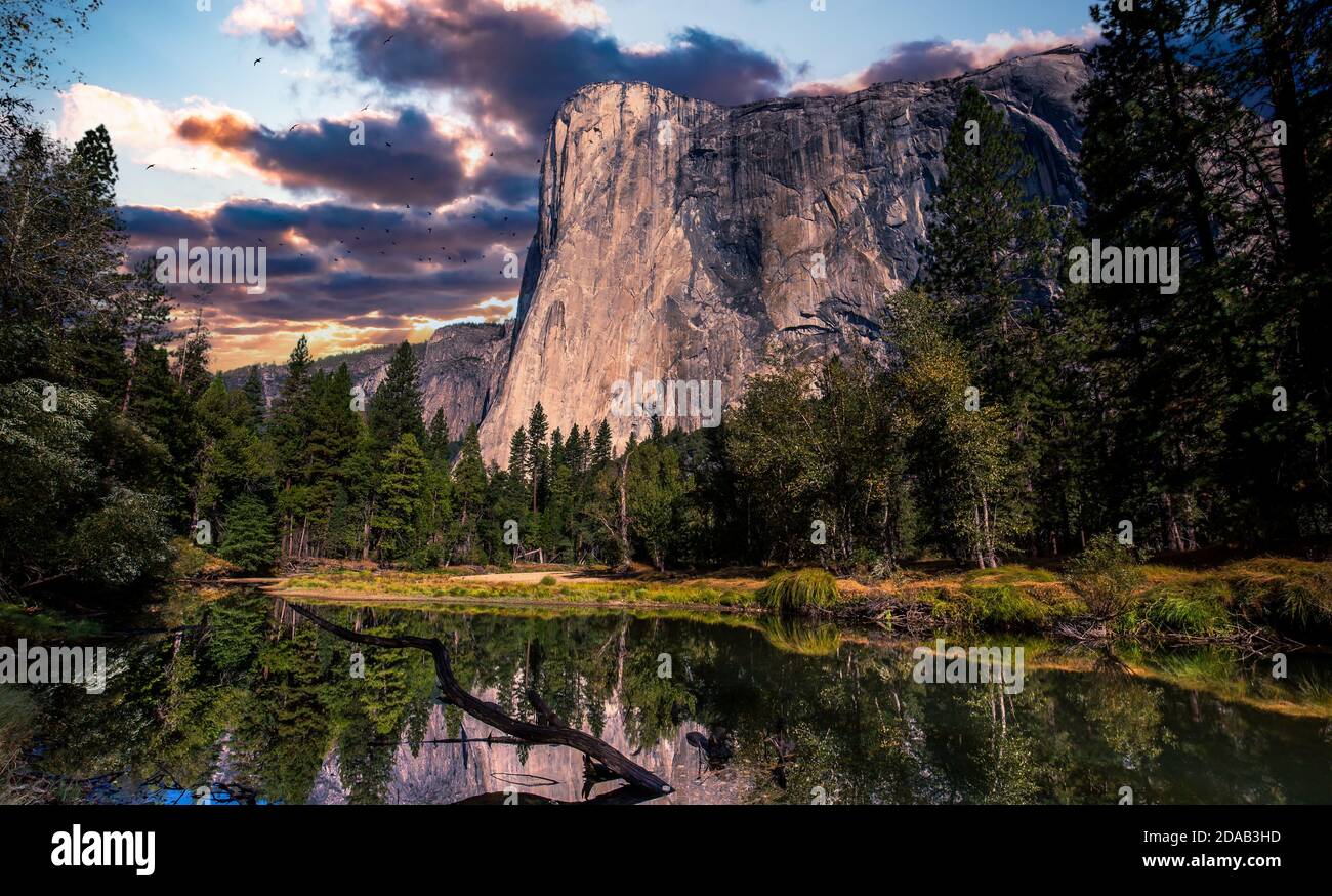 World famous rock climbing wall of El Capitan, Yosemite national park ...