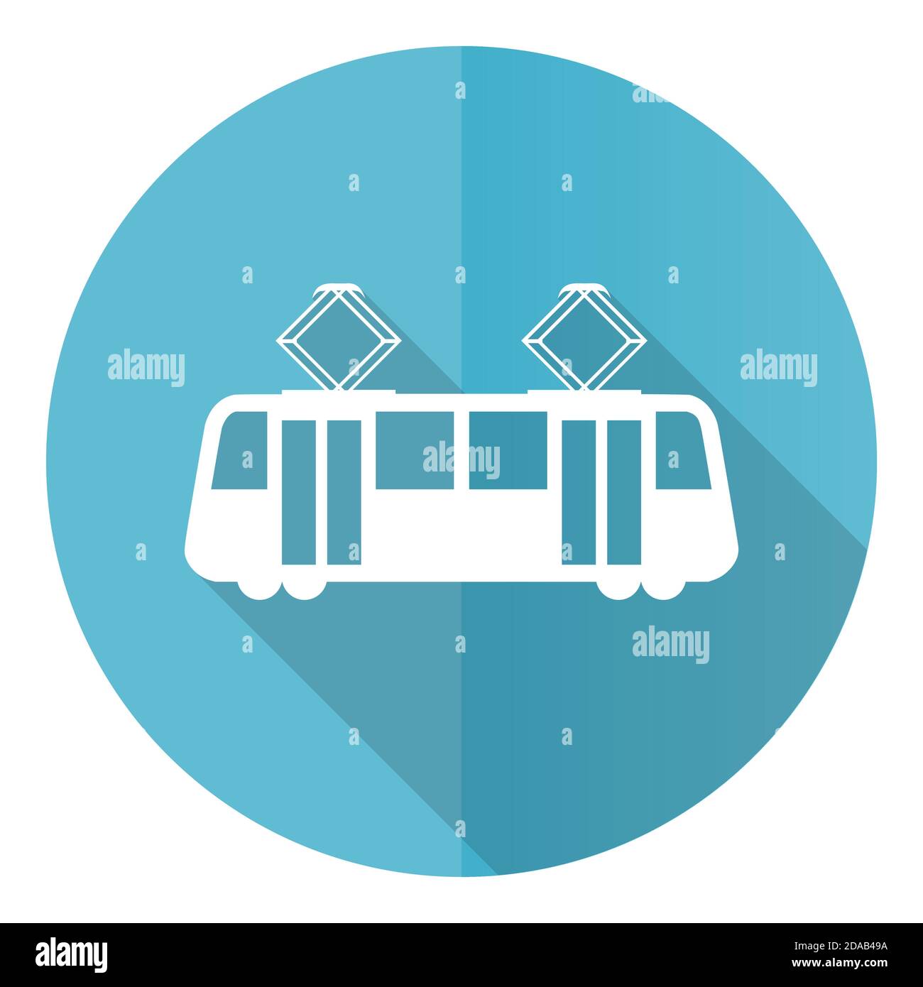 Tram vector icon, flat design blue round web button isolated on white ...