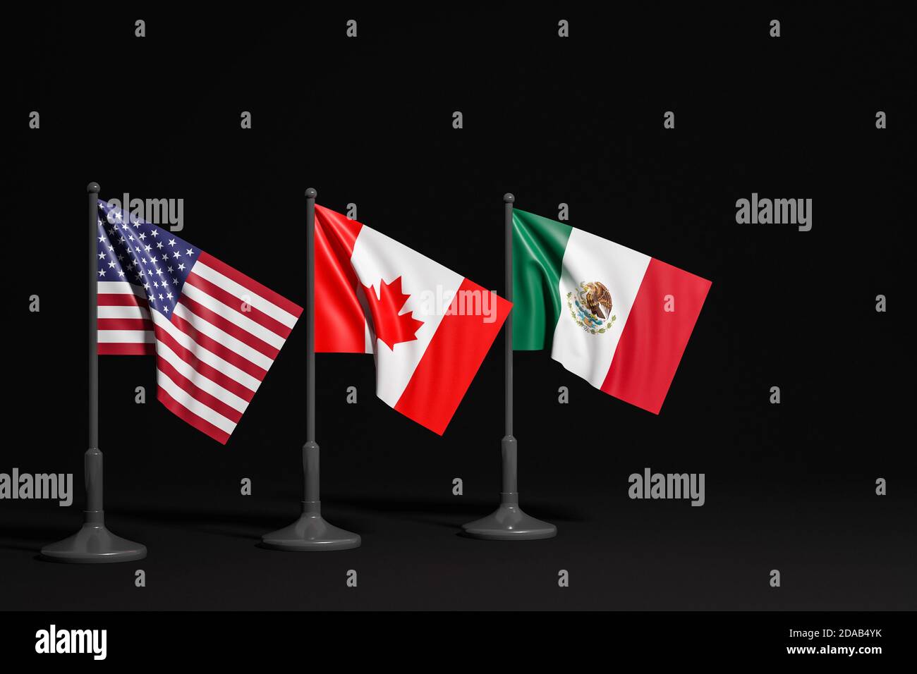 3D illustration of the national flags of USA, Canada and Mexico on a ...