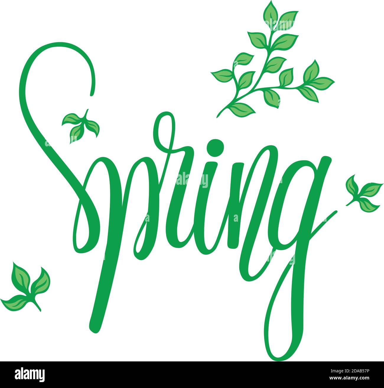 Hand lettering spring with green branches. Template greeting card ...