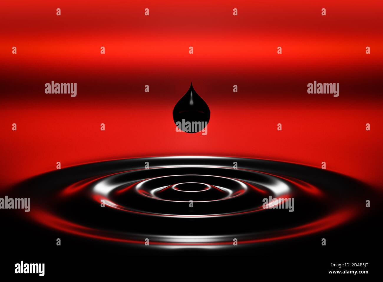 3D illustration a black petroleum drop of oil falls into a large ...