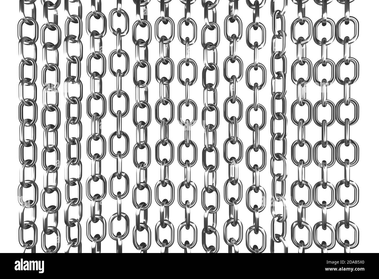 3d illustration of rows of silvery metal chains. Set of chains on a ...