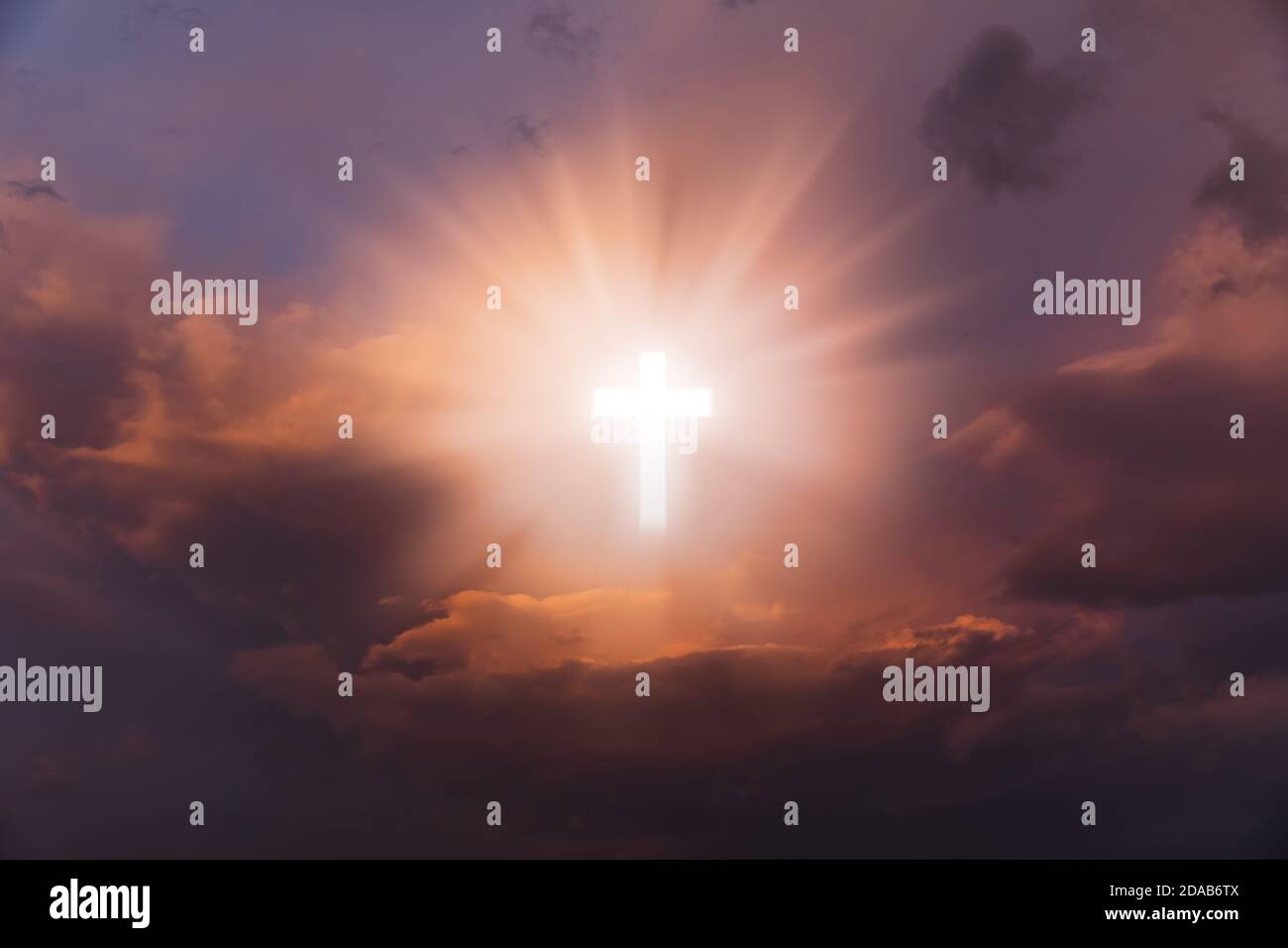 Religious background with Holy Cross glowing. Christian cross in a sky with some clouds. Cross ...