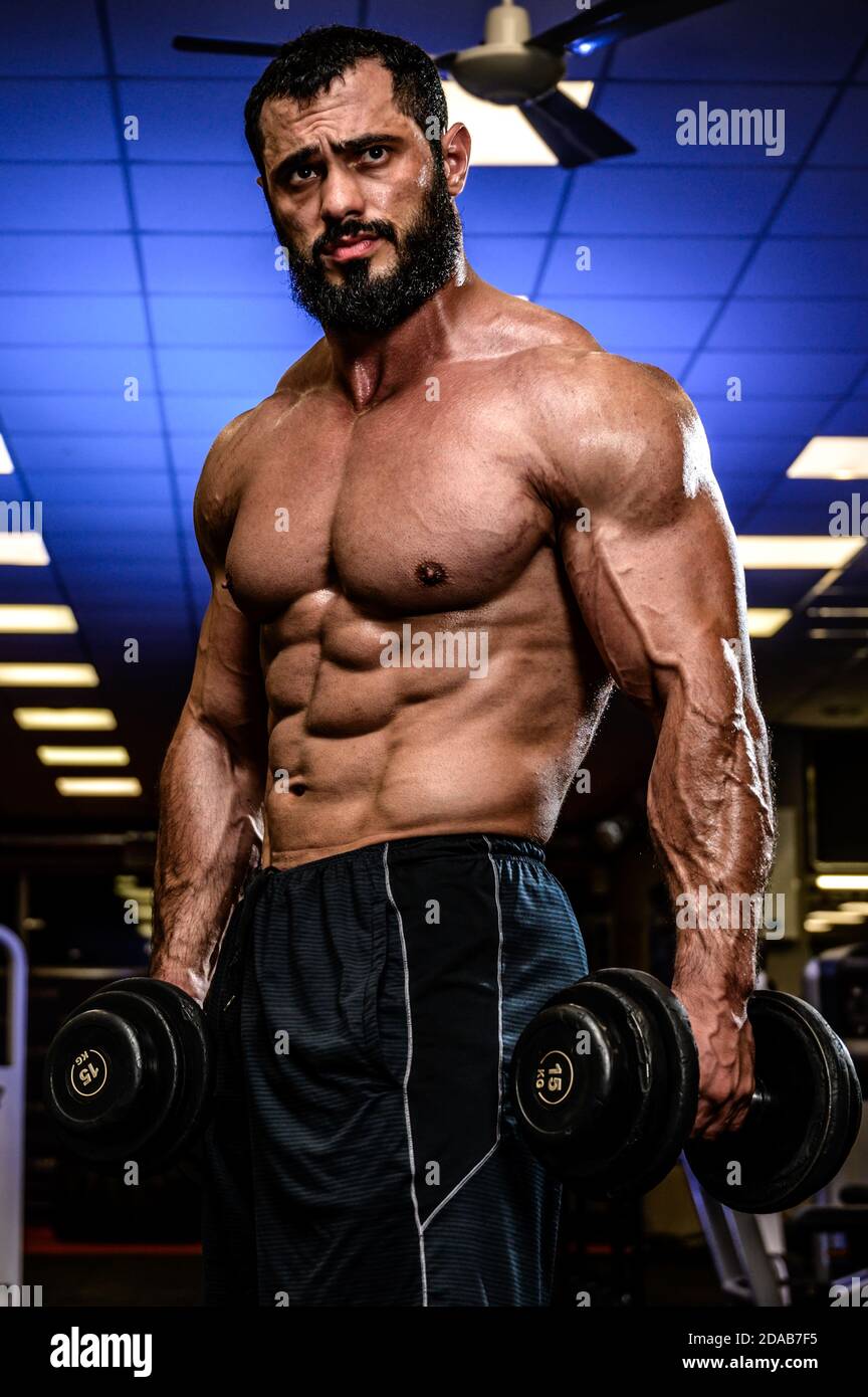 handsome young bearded man with dumbbells in blue lit sport gym during ...