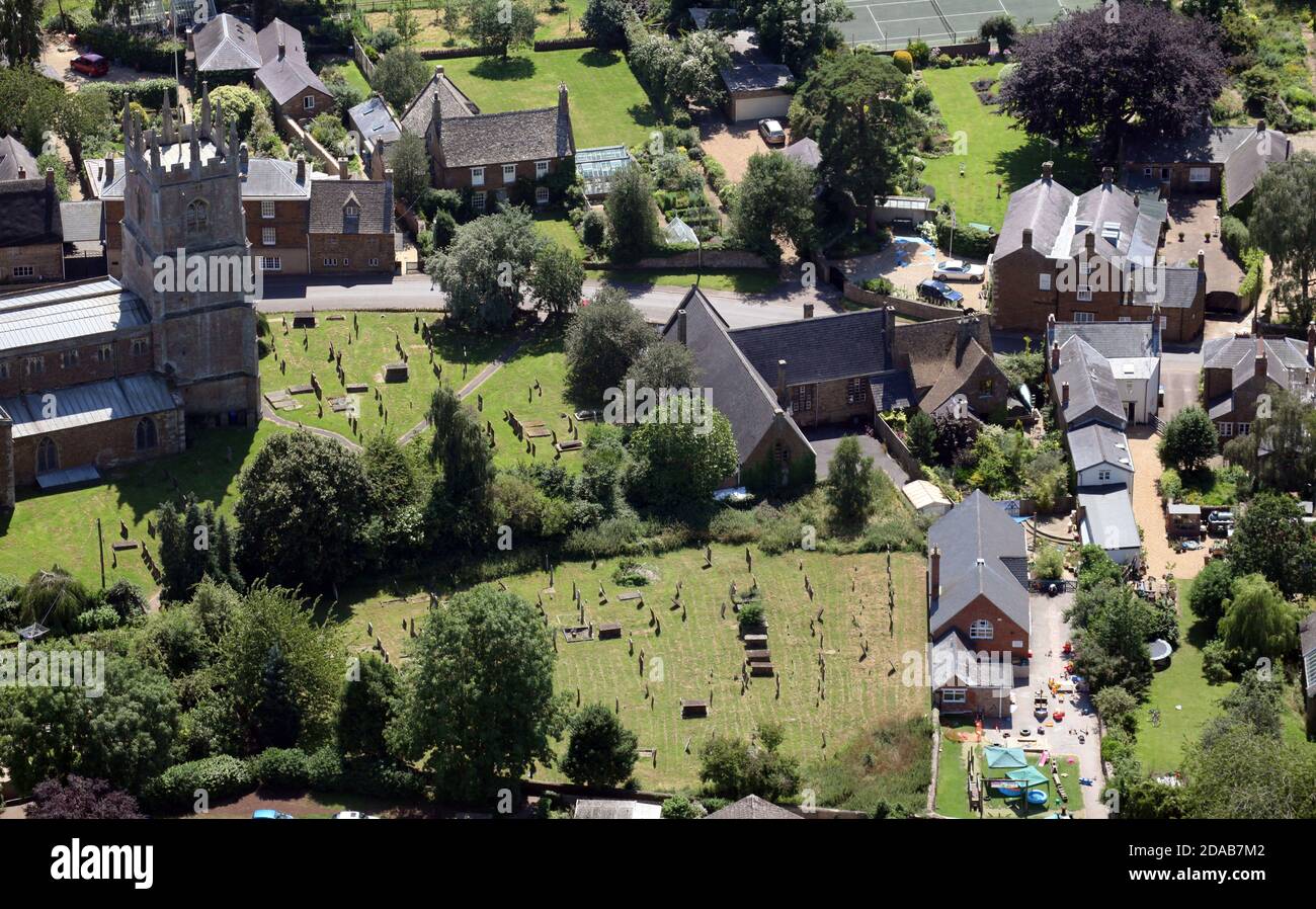 aerial view of Hook Norton Church and cemetery and Hook Norton Library ...