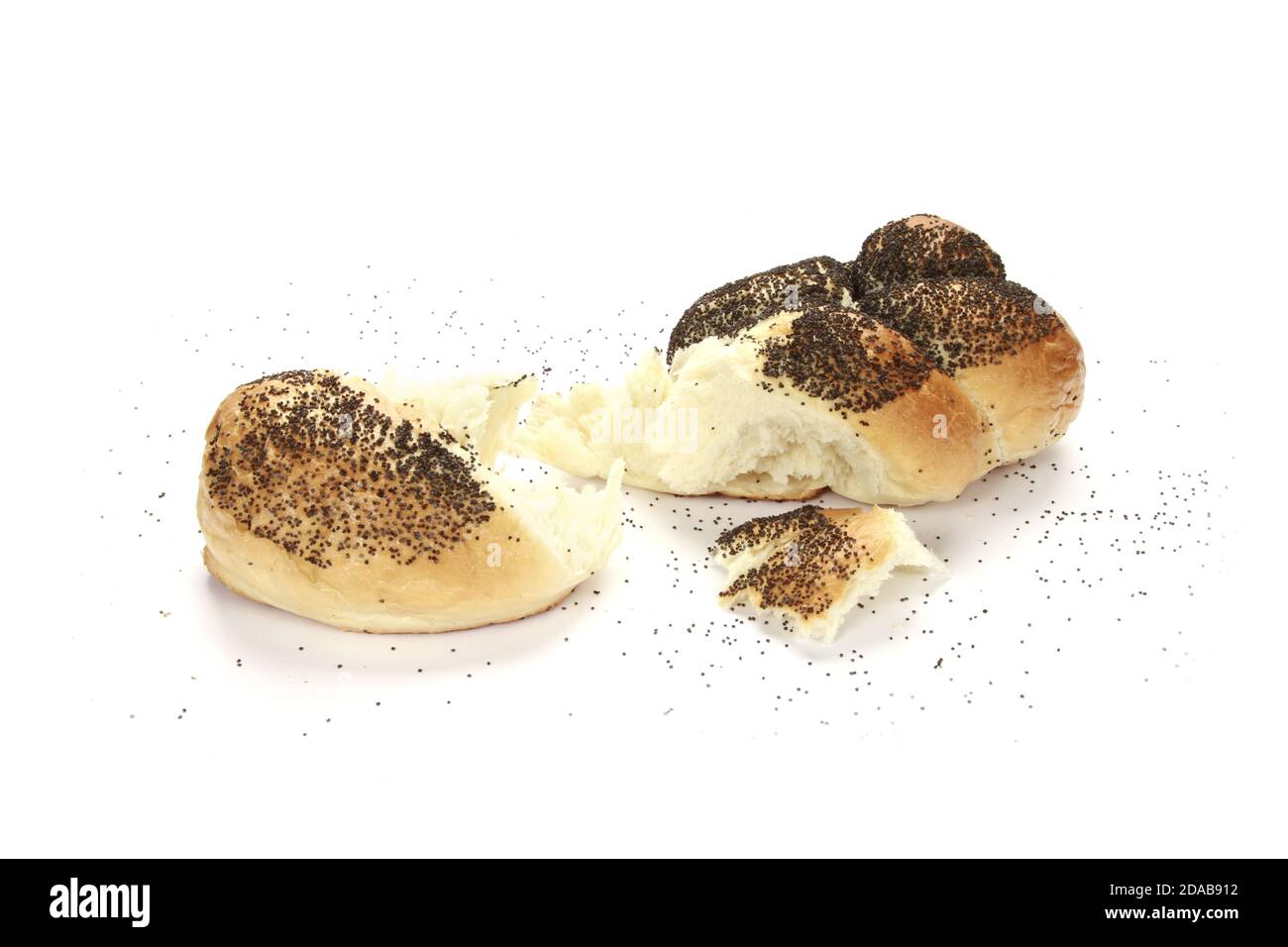 High angle shot of buns with poppy seeds bread broken in half isolated ...