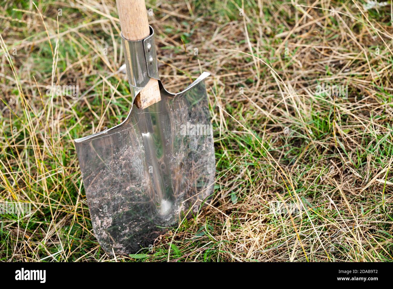 Shiny new shovel is in grass, close-up photo Stock Photo - Alamy