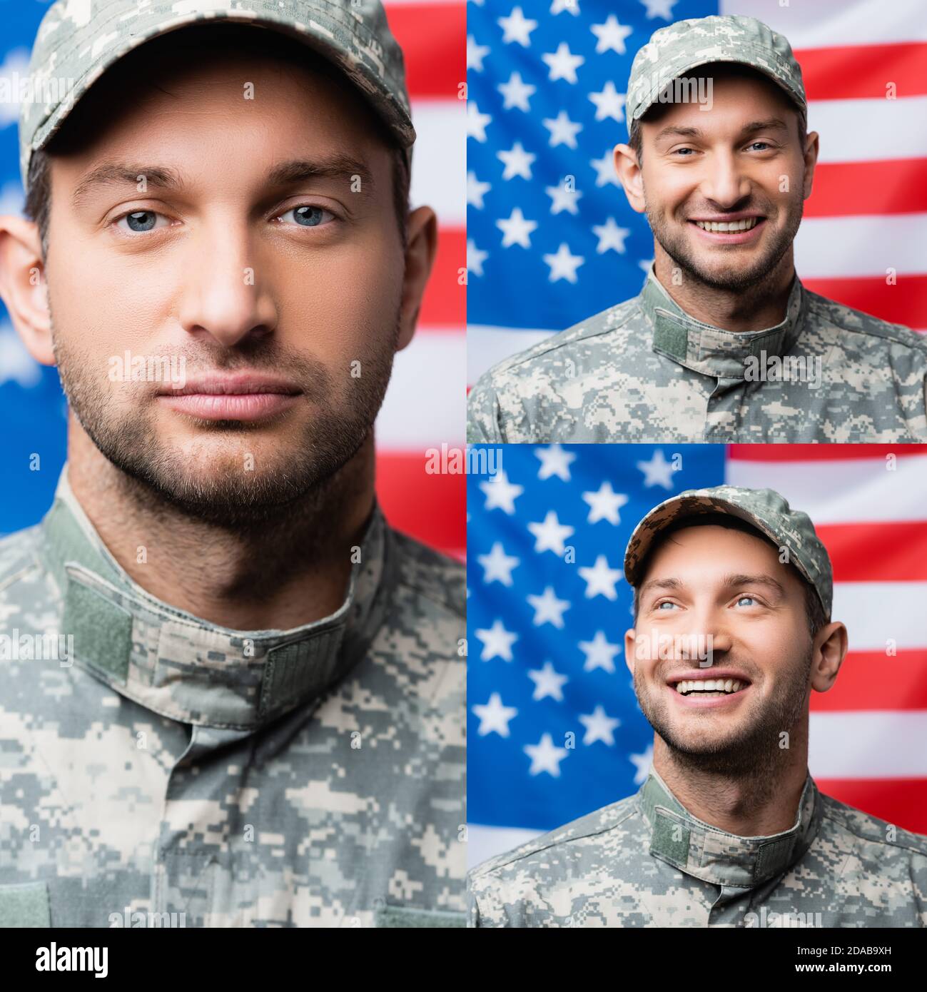 collage of happy military man looking at camera with american flag on ...
