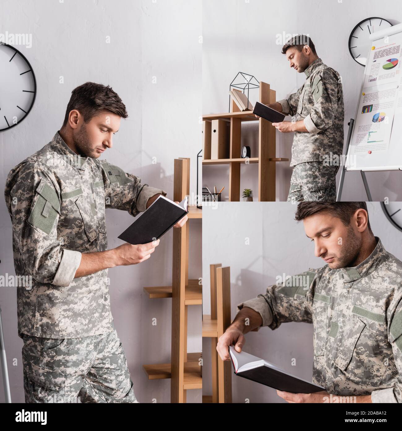 collage of concentrated military man reading book near rack in office ...