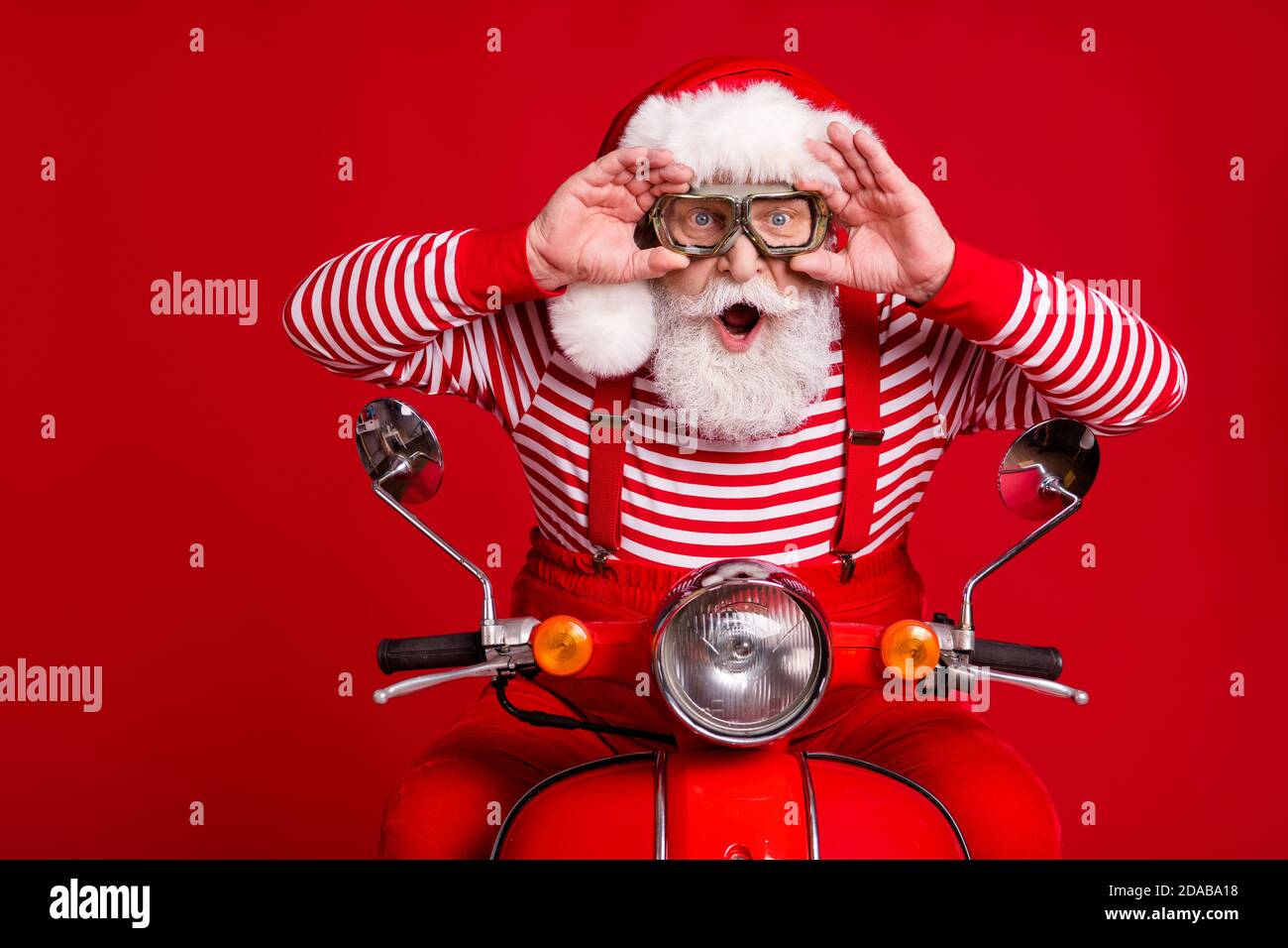 Photo of funky retired old man moped ride open mouth hold eyewear ...
