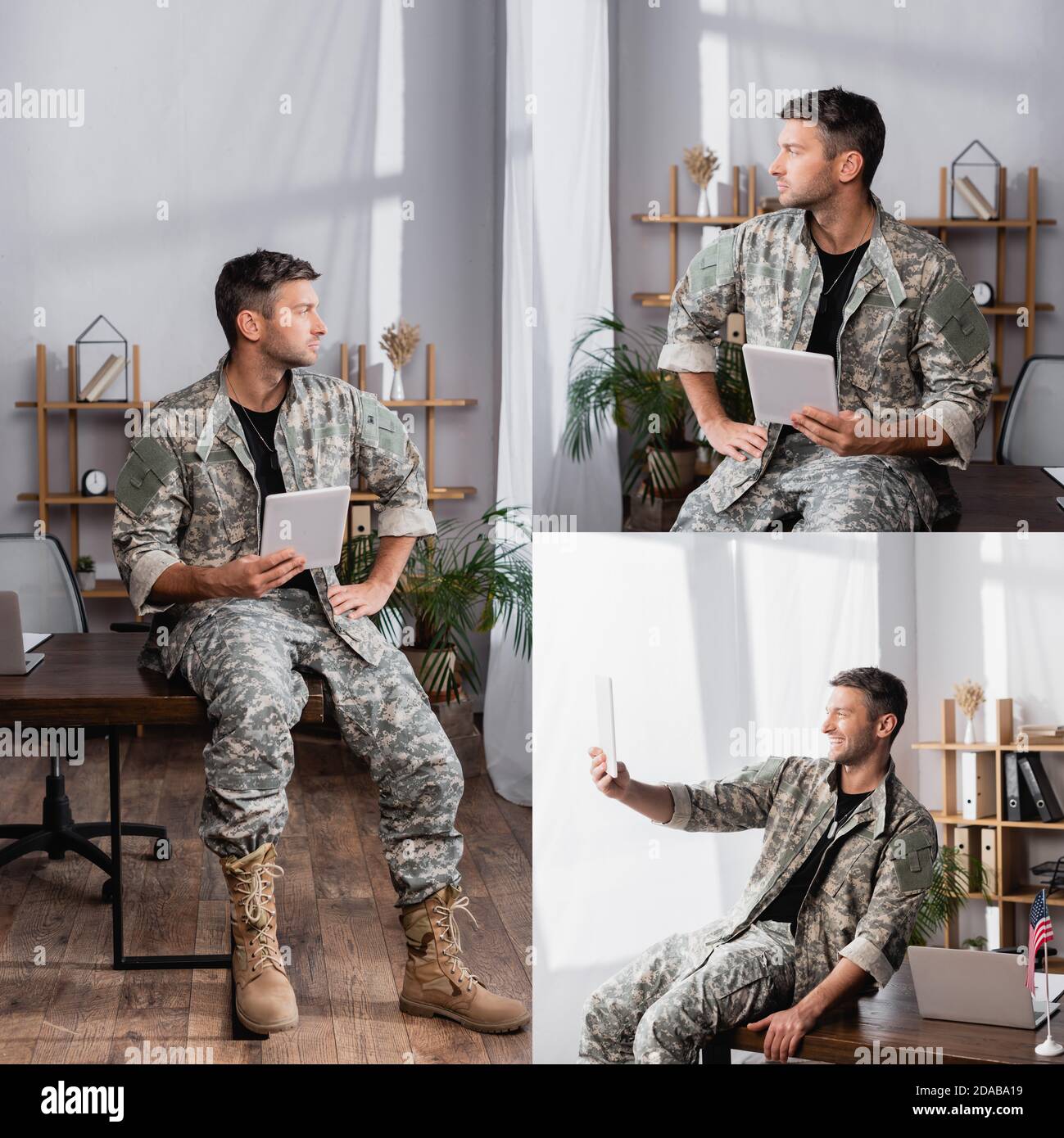 collage of cheerful military man using digital tablet and having video ...
