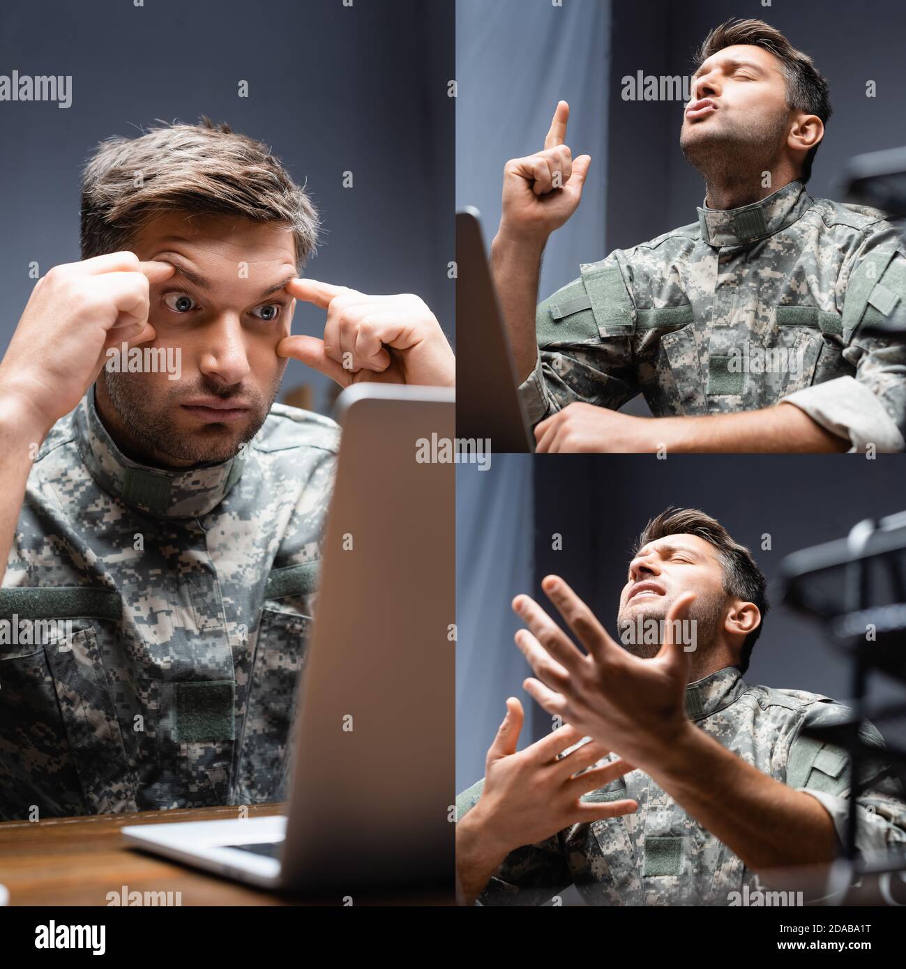 collage of pensive military man pointing with finger, expressing ...