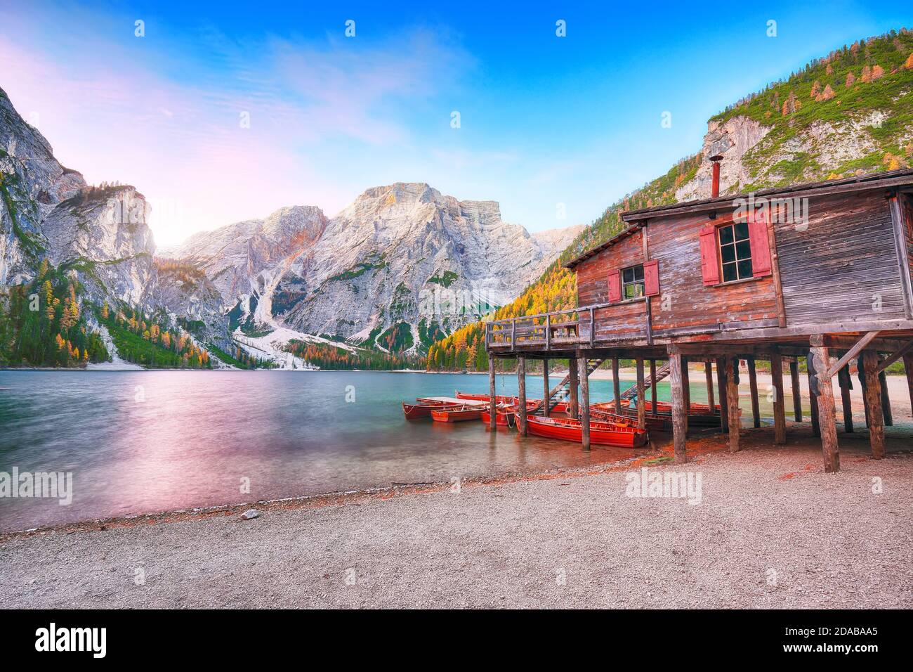 Marvelous scenery of famous alpine lake Braies at autumn. Location ...