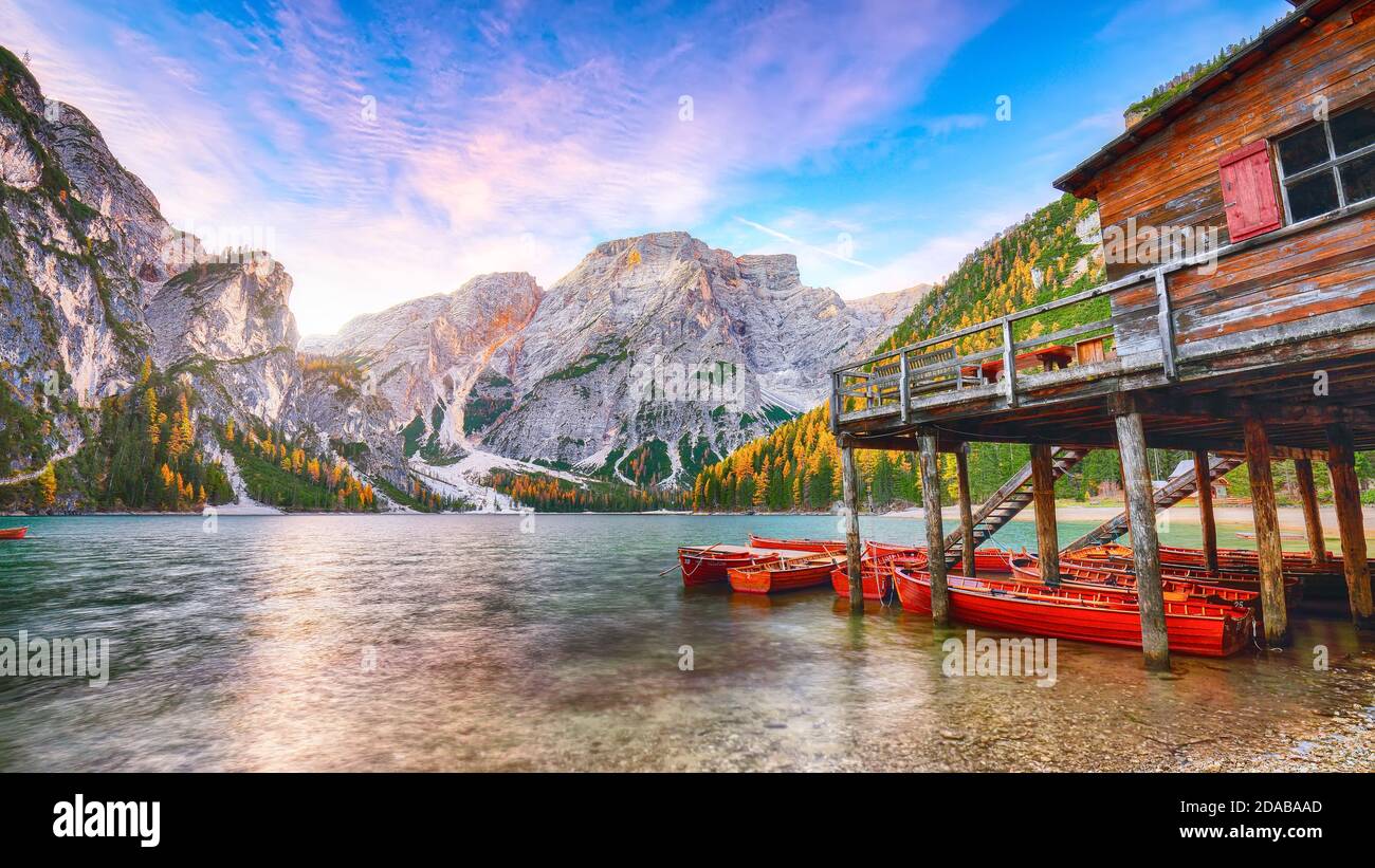 Marvelous scenery of famous alpine lake Braies at autumn. Location ...