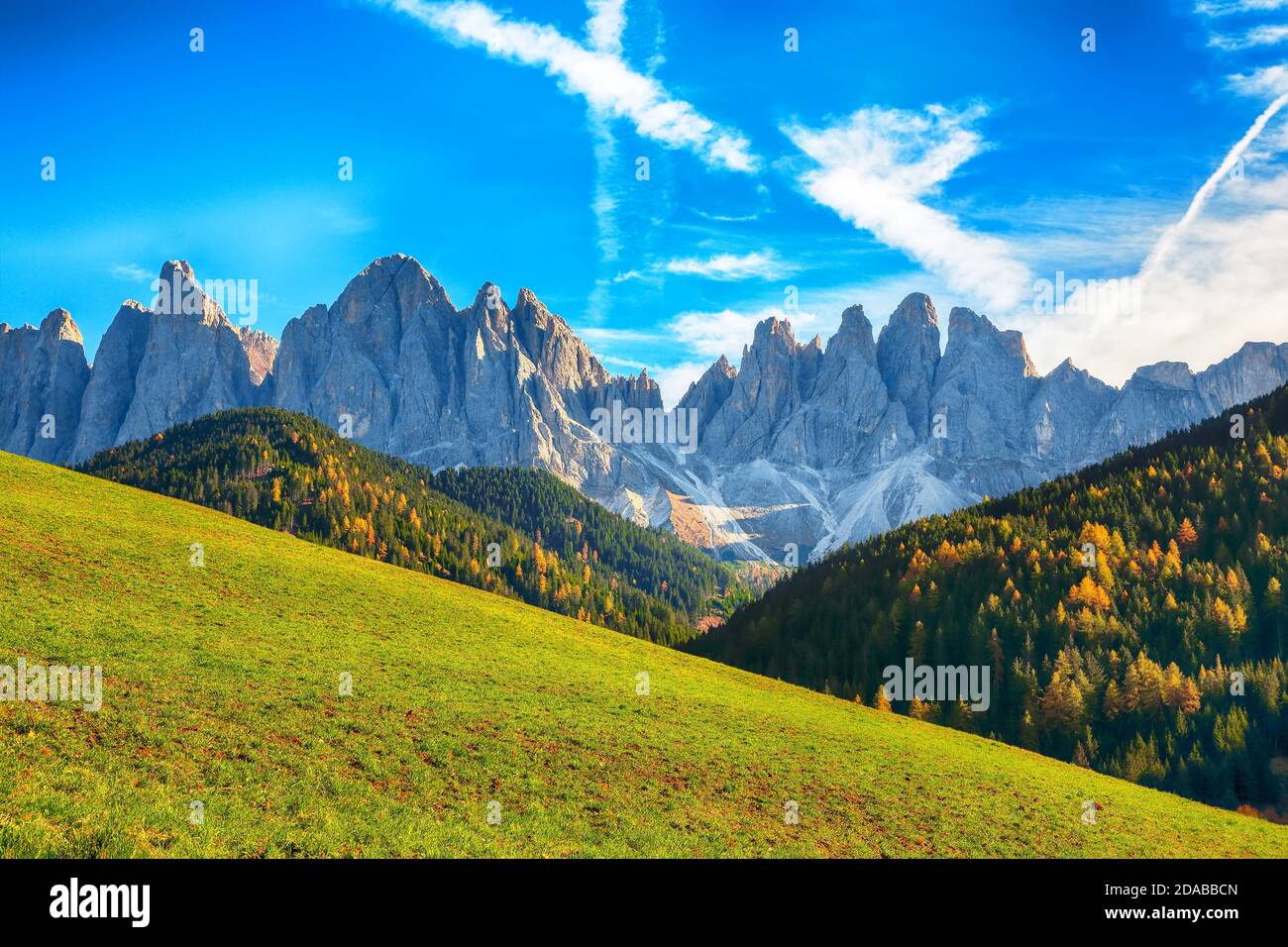 Autumn scene of Santa Magdalena famous Italy Dolomites village view in ...