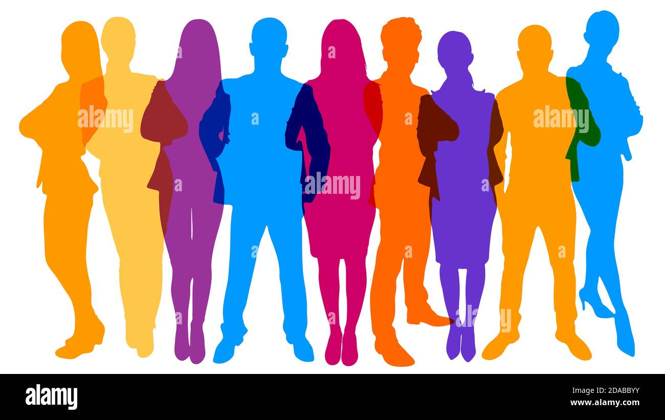 Colorful monochrome silhouettes of many different people as a ...