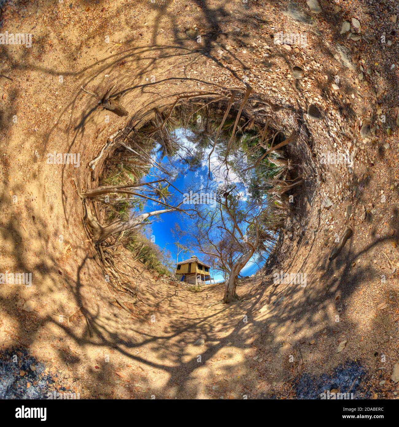 Humorous fancy image of imaginary place with small cabin in the middle ...