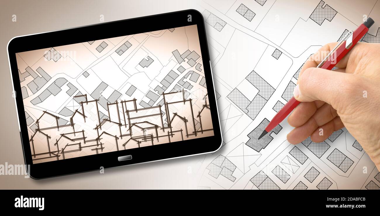 Hand drawing an imaginary cadastral map of territory with buildings ...