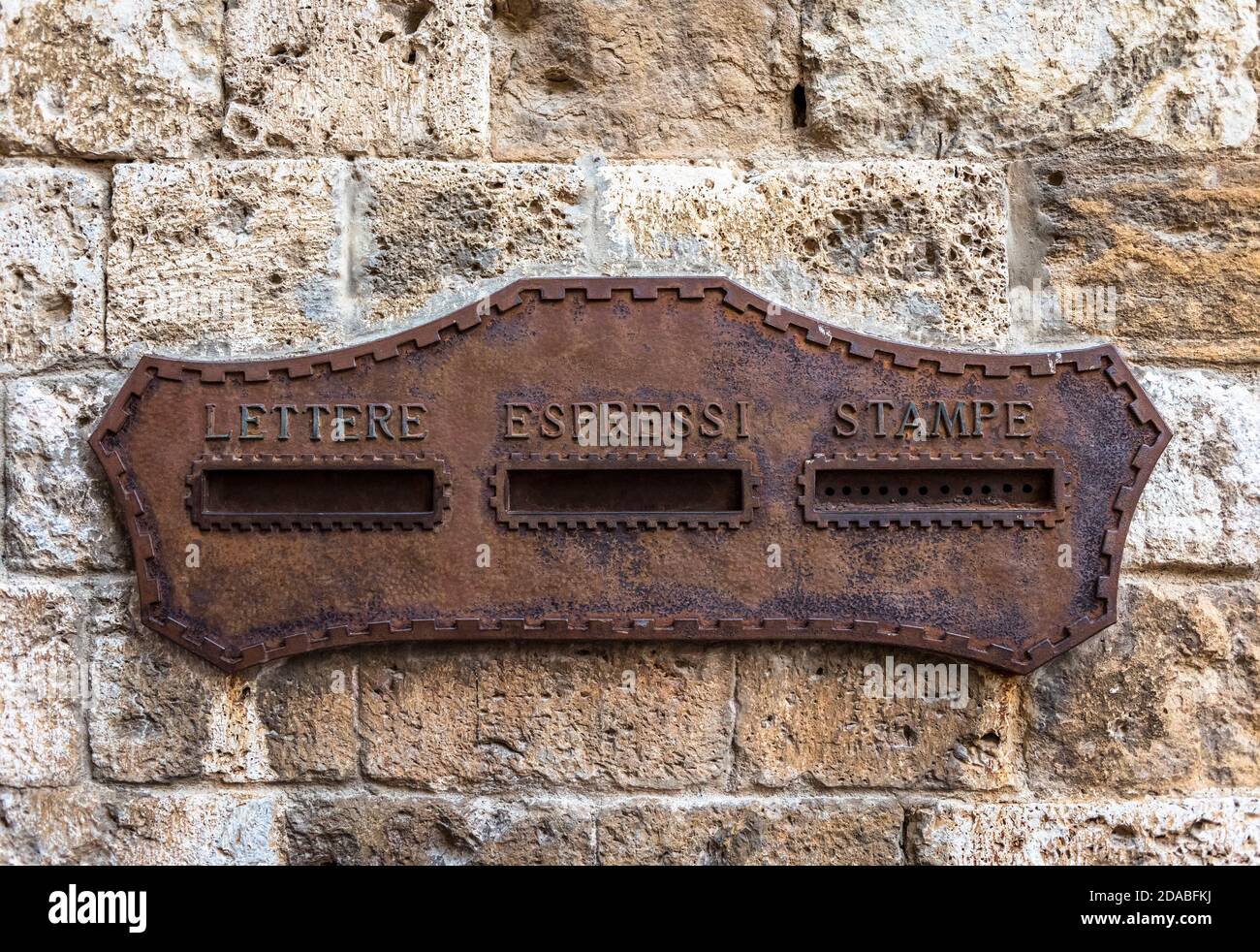 Medieval mailbox with inscriptions "Letters", "Express" and "Press" on ...
