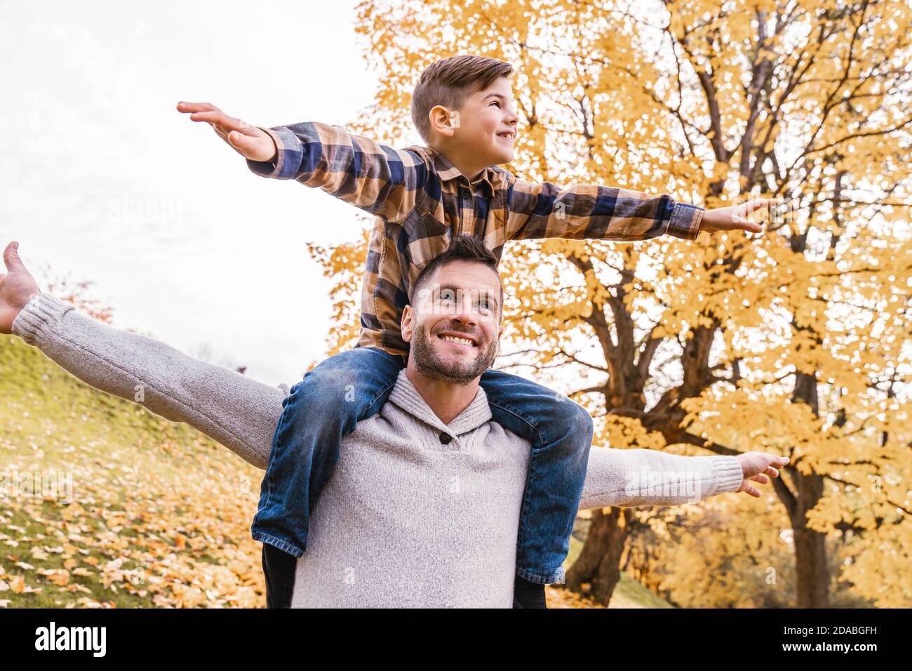 Happy family father and child boy on his shoulder in the autumn leaf ...