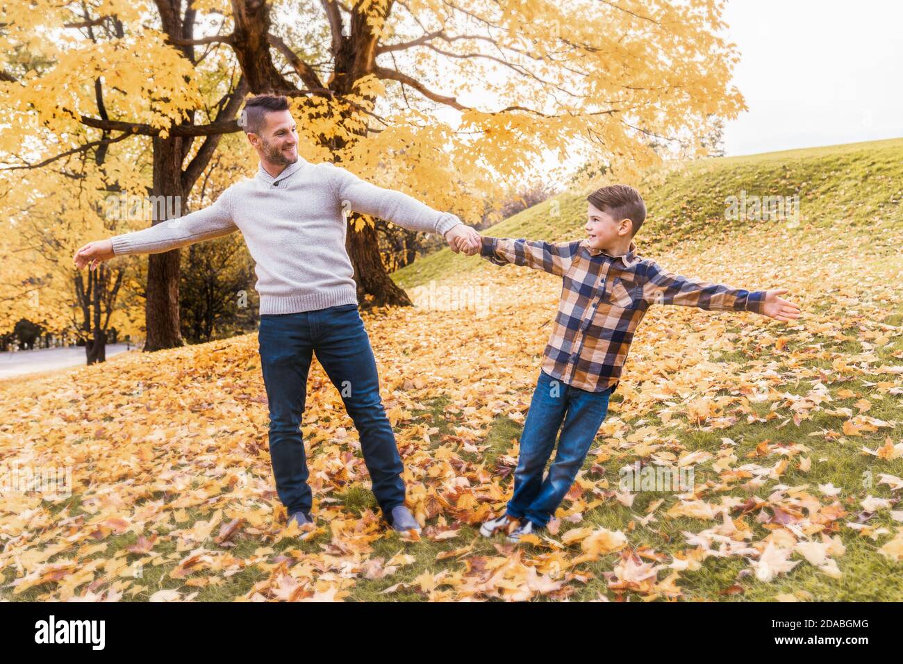 Happy family father and child boy in the autumn leaf fall in park ...