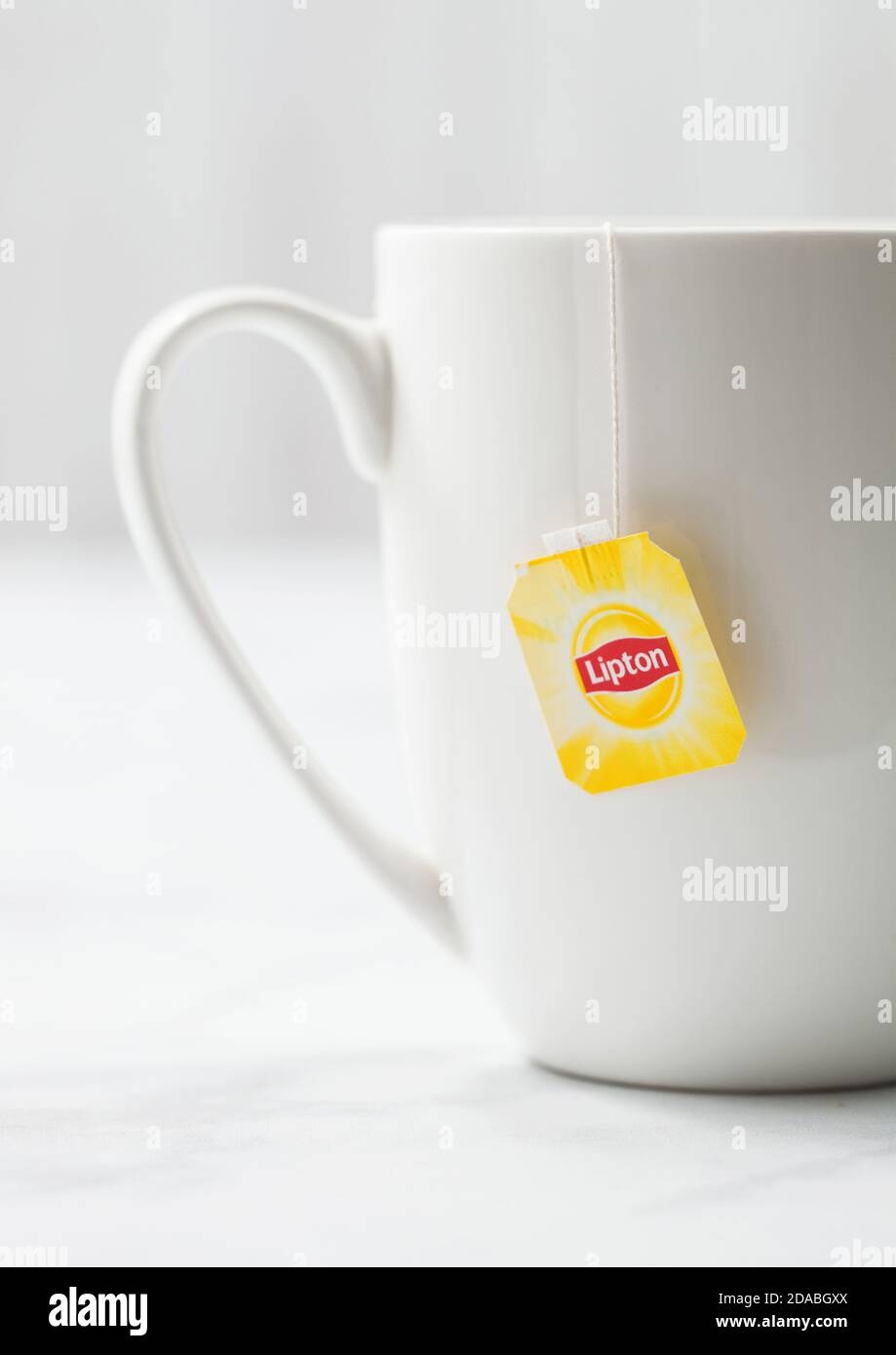 LONDON, UK - OCTOBER 21, 2020: Lipton yellow label tea bag in white ...