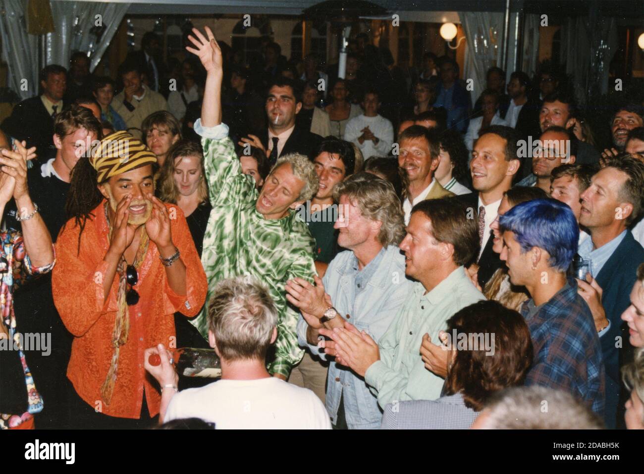 French tennis player Yannick Noah singing at a concert, 1990s Stock ...