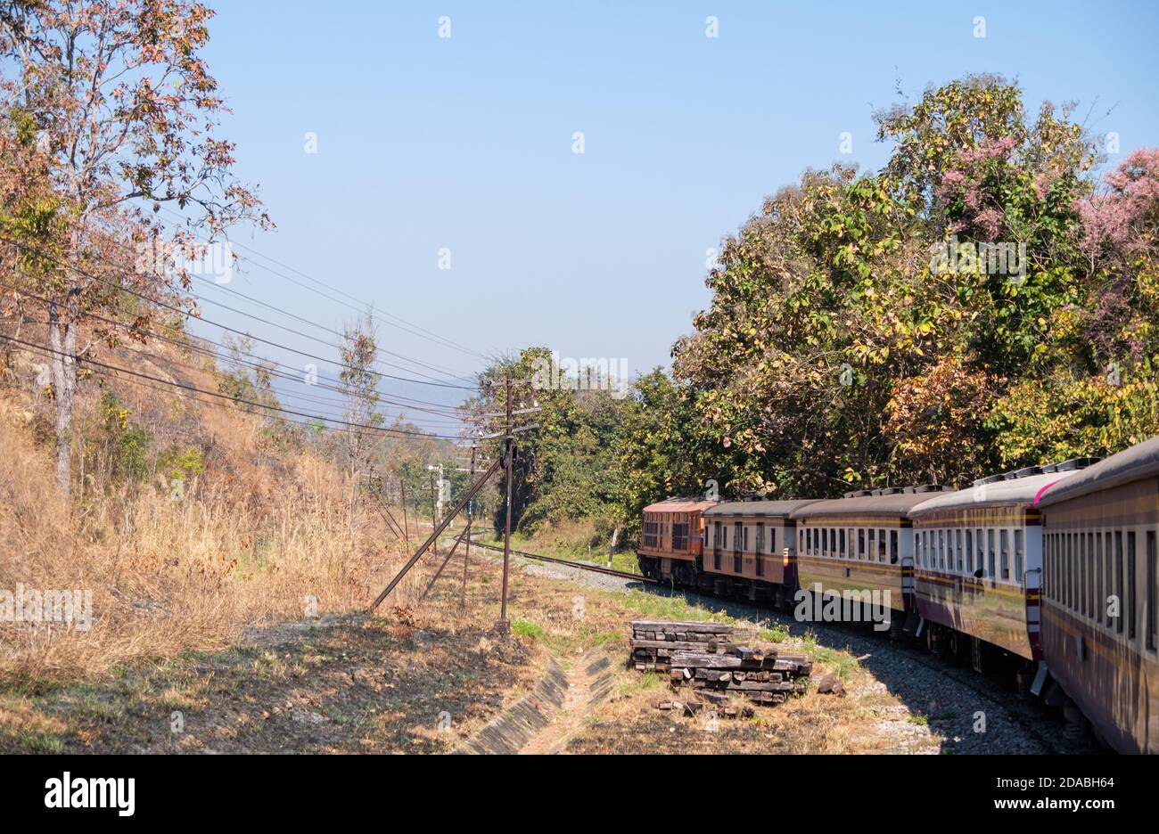 The old diesel-electric locomotive of the express train is moving down ...
