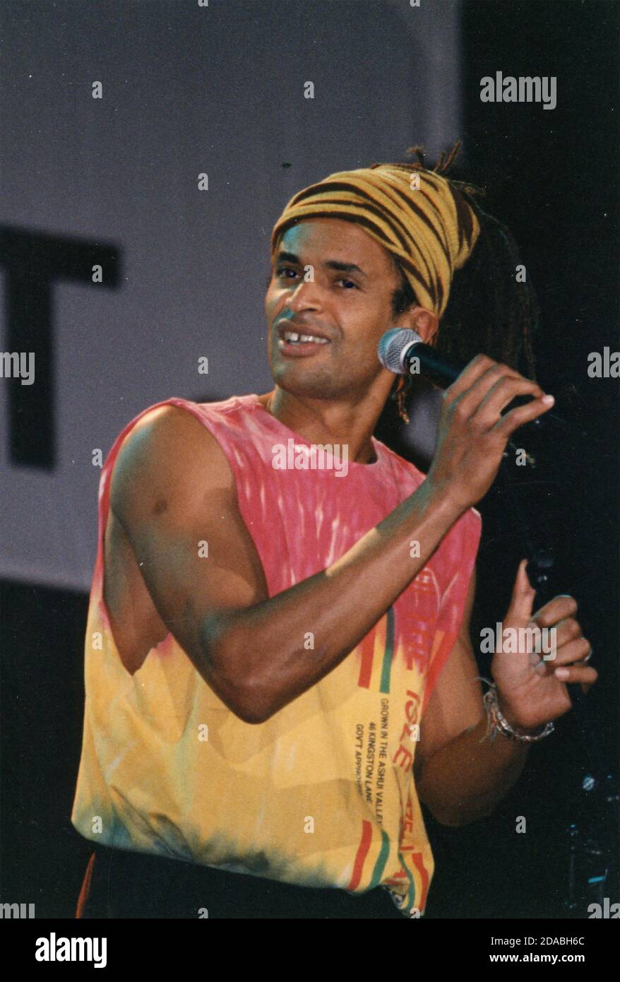 French tennis player Yannick Noah singing at a concert, 1990s Stock ...